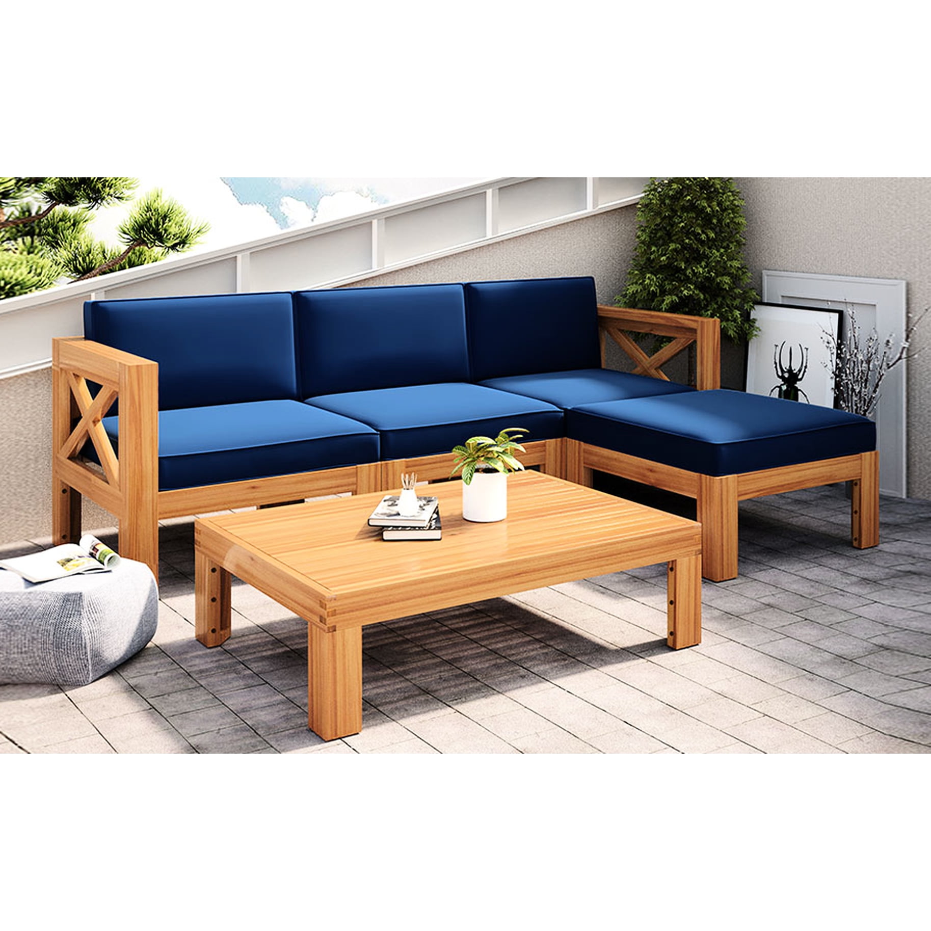 5 Outdoor Patio Sectional Seating Group With Cushions - Natural Finish ...