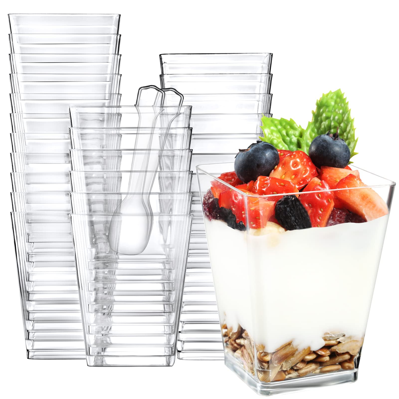 5 Oz Square Clear Plastic Dessert Cups with 100 Cups+100 Spoons for ...