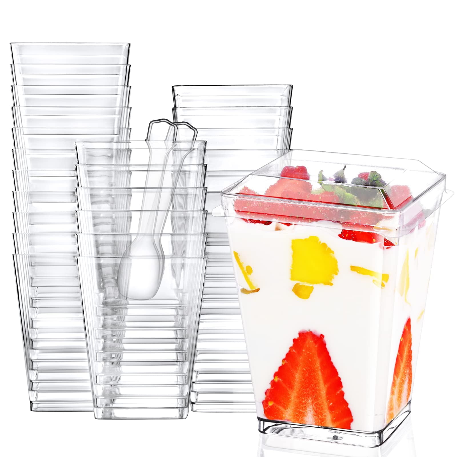 5 Oz Square Plastic Dessert Cups with 50 Cups+50 Spoons+50 Lids, Multi ...