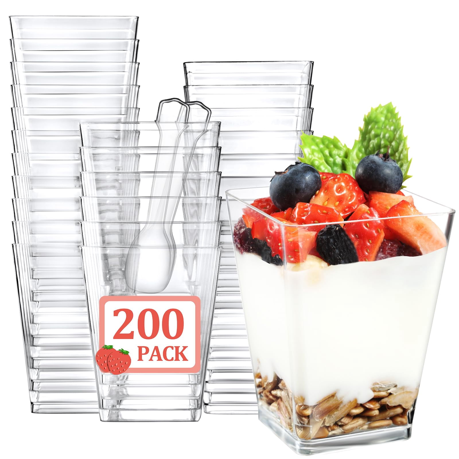 5 Oz Square Plastic Dessert Cups with Spoons, 200 Cups+200 Spoons, for ...