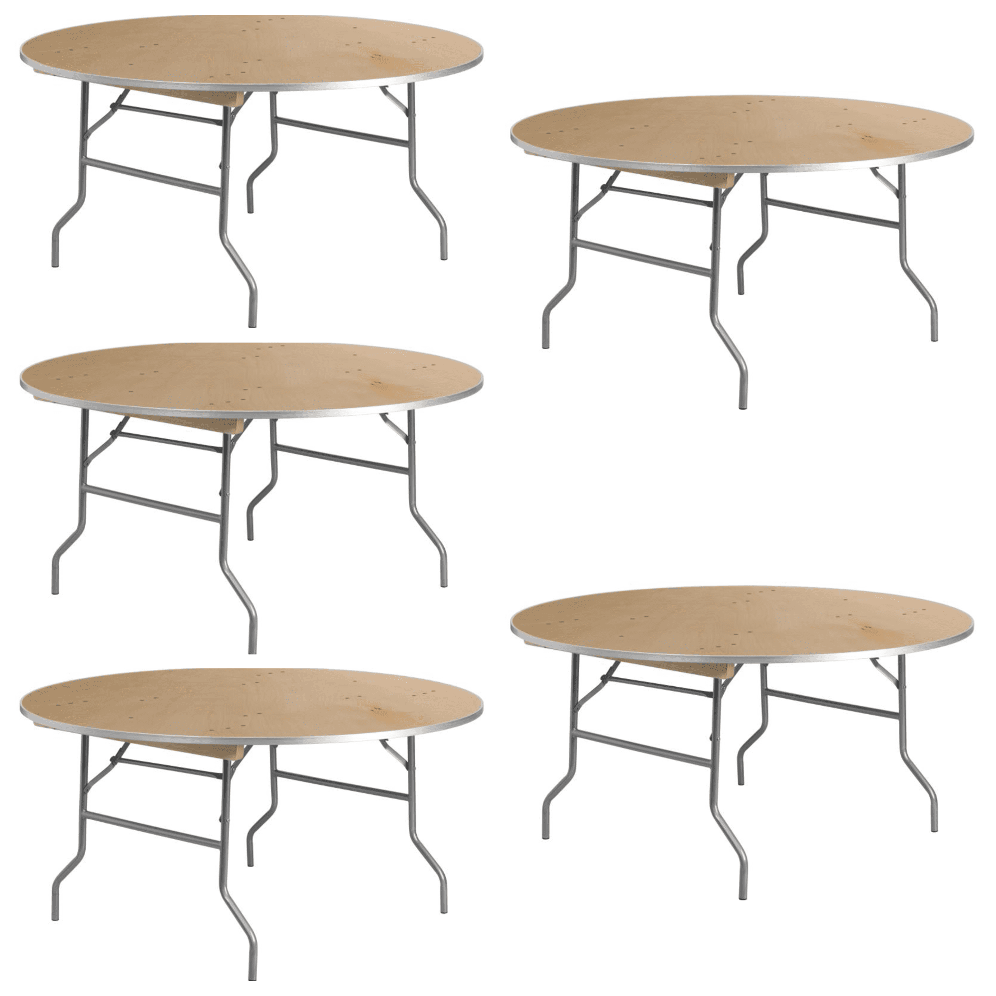 (5 PACK) 60'' Round Birchwood Folding Banquet Table with Metal Edges ...