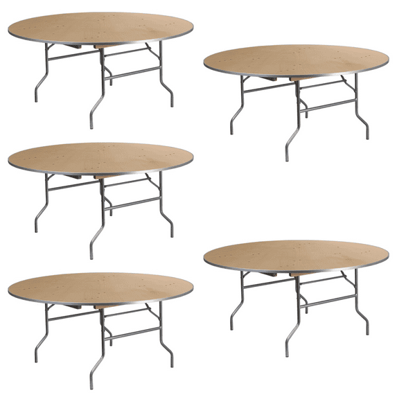 (5 PACK) 66'' Round Birchwood Folding Banquet Table with Metal Edges ...