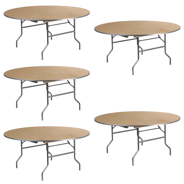 (5 PACK) 66'' Round Birchwood Folding Banquet Table with Metal Edges ...