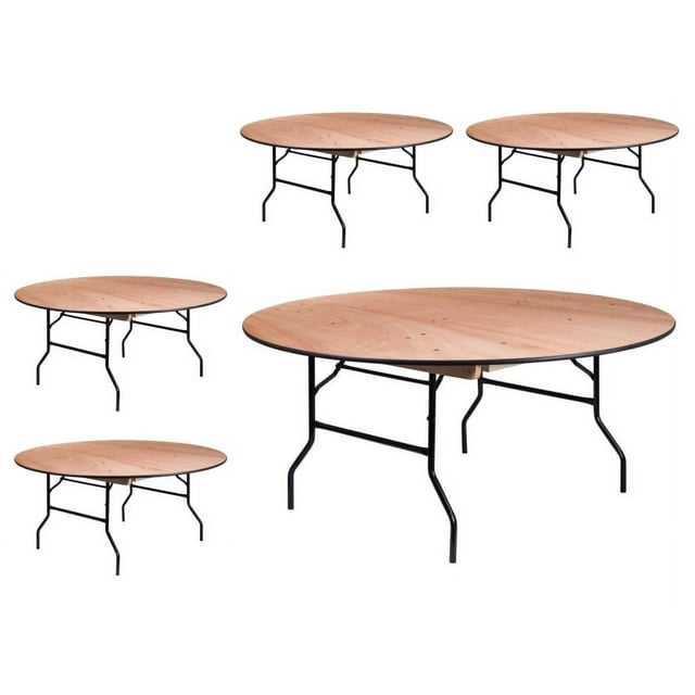 (5 PACK) 66" Round Wood Folding Banquet Table - Commercial Quality ...