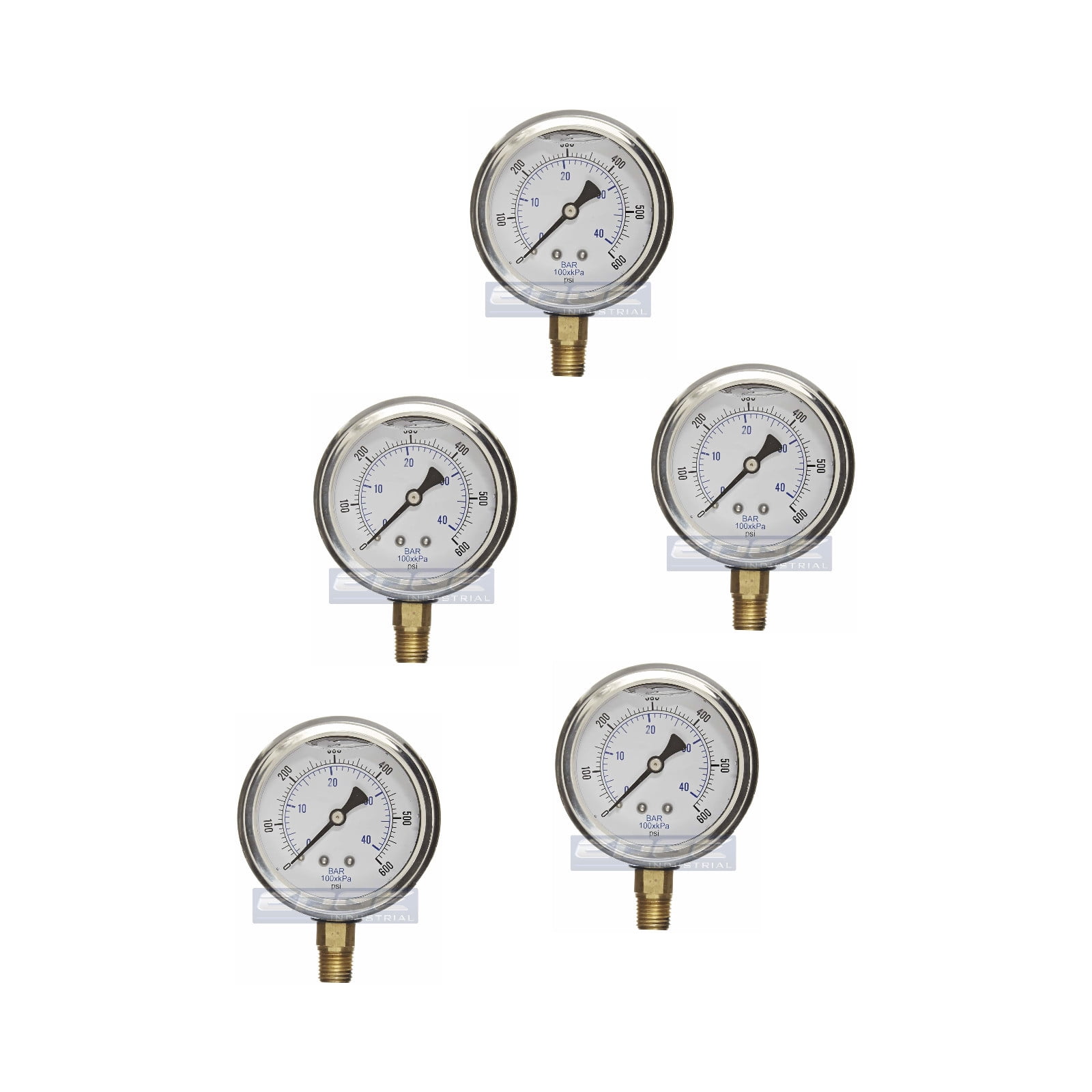 5 PACK LIQUID FILLED PRESSURE GAUGE 0-600 PSI, 2.5" FACE, 1/4" NPT ...