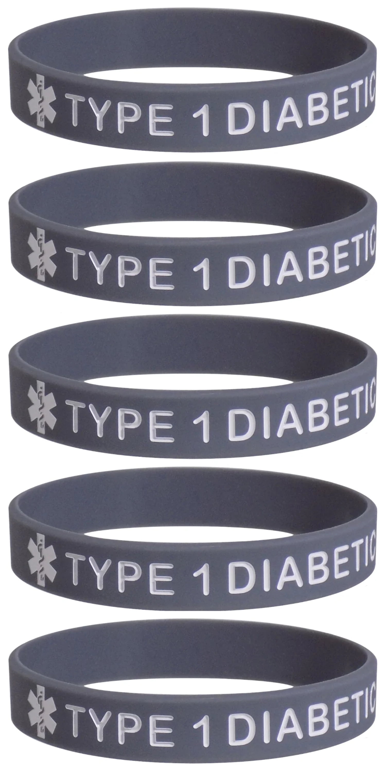 5 PACK "TYPE 1 DIABETIC" Medical Alert ID Silicone Bracelet Wristbands ...