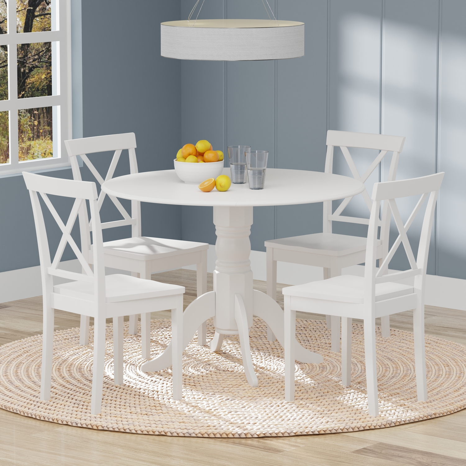 5-PC - 42" Round Double Drop-Leaf Dining Table + X-Back Dining Chairs ...