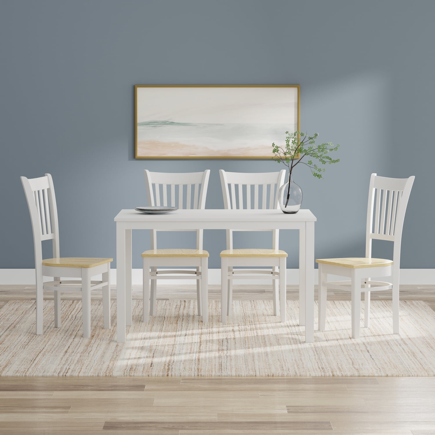 5-PC - 48" Wood Dining Table in White + White/Natural Spindle Back ...