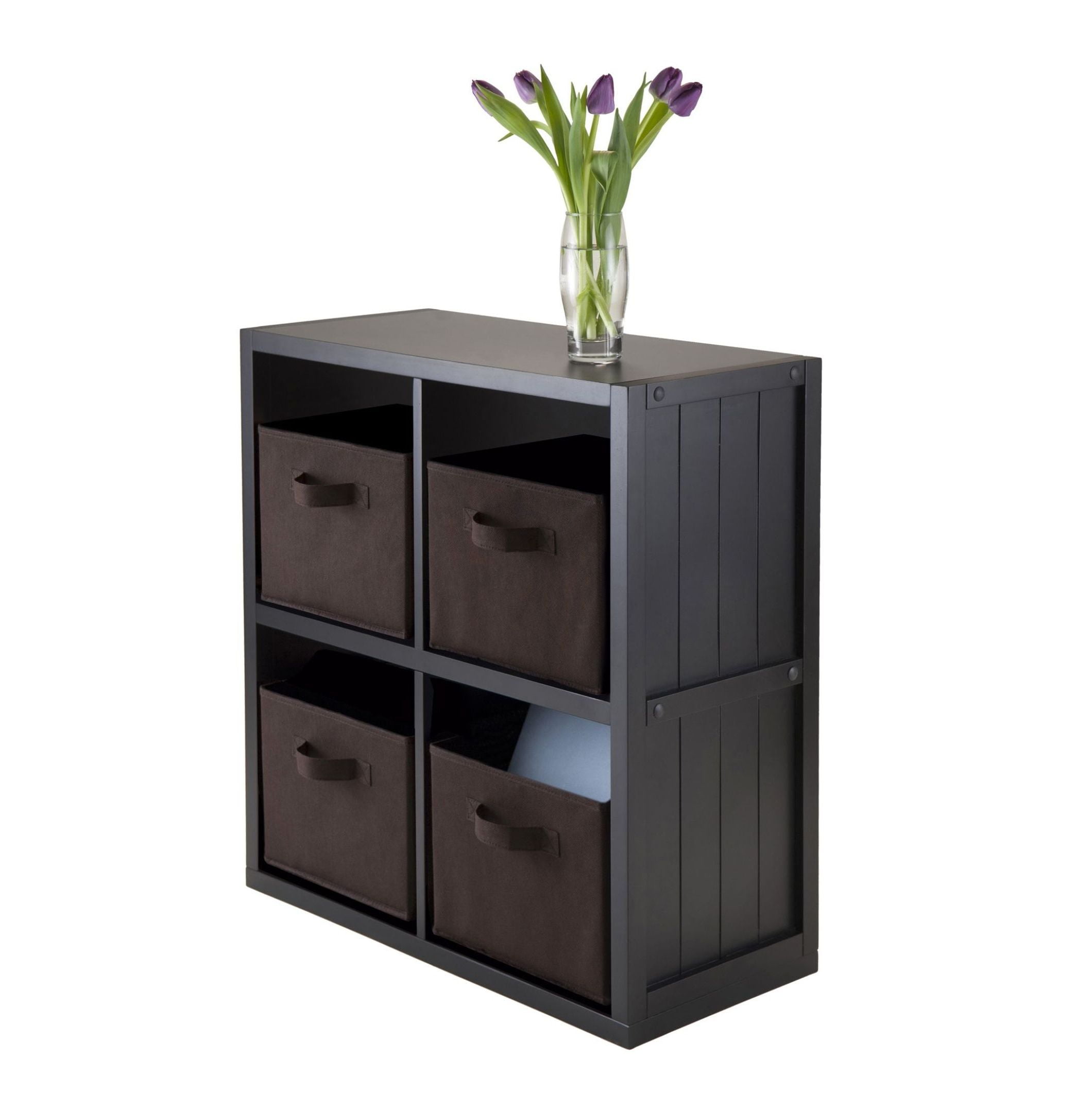 5-PC Wainscoting Panel Shelf 2 x 2 with 4 Chocolate Fabric Baskets ...