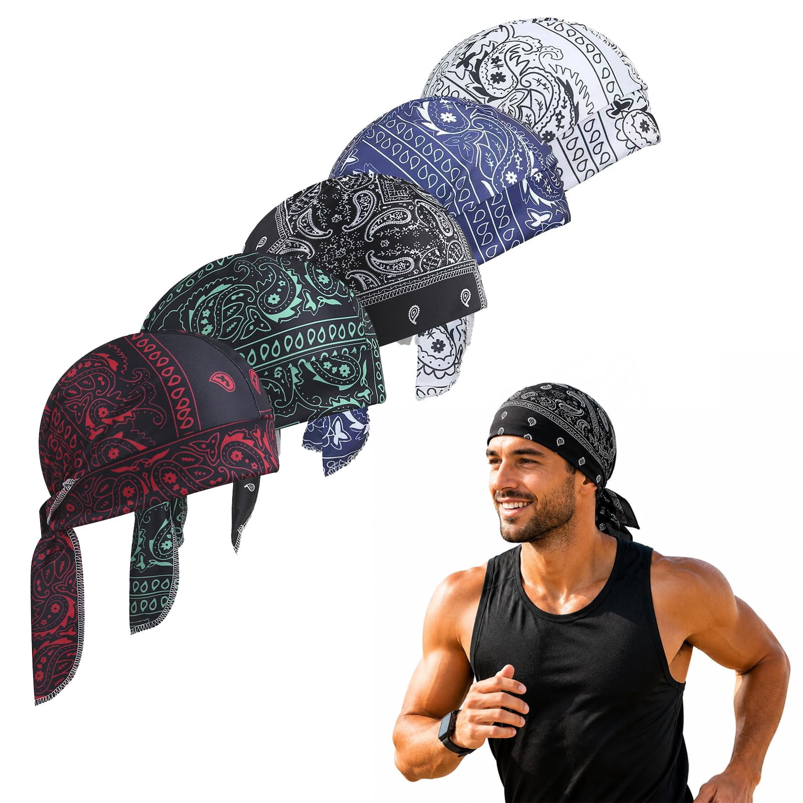 5 PCS Breathable Sweat Wicking Head Wrap Bandana Hat, Cooling S-kull ...