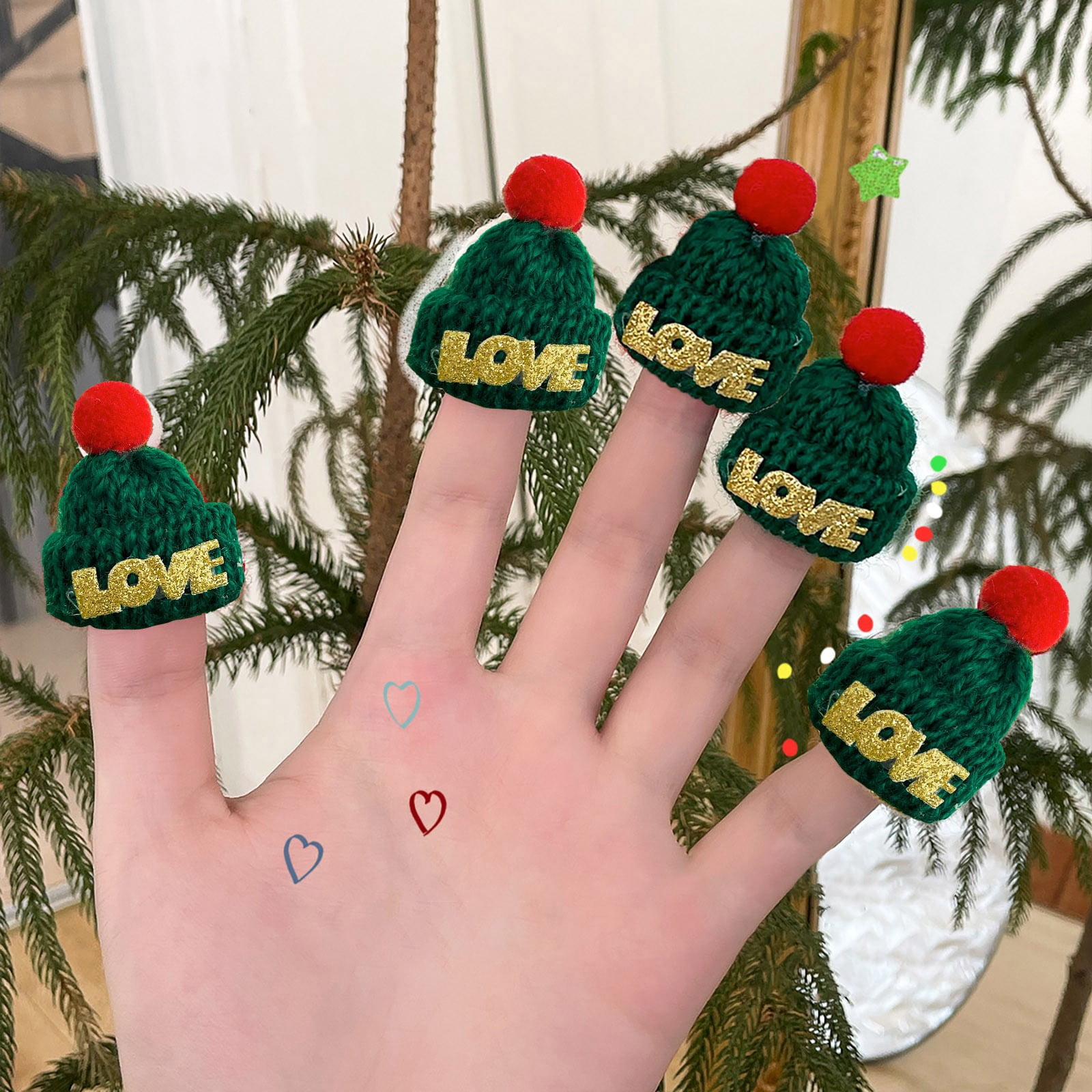 5 PCS Christmas Finger Cap Dollhouse Hat Mini Knitting Hats Kid Toy ...