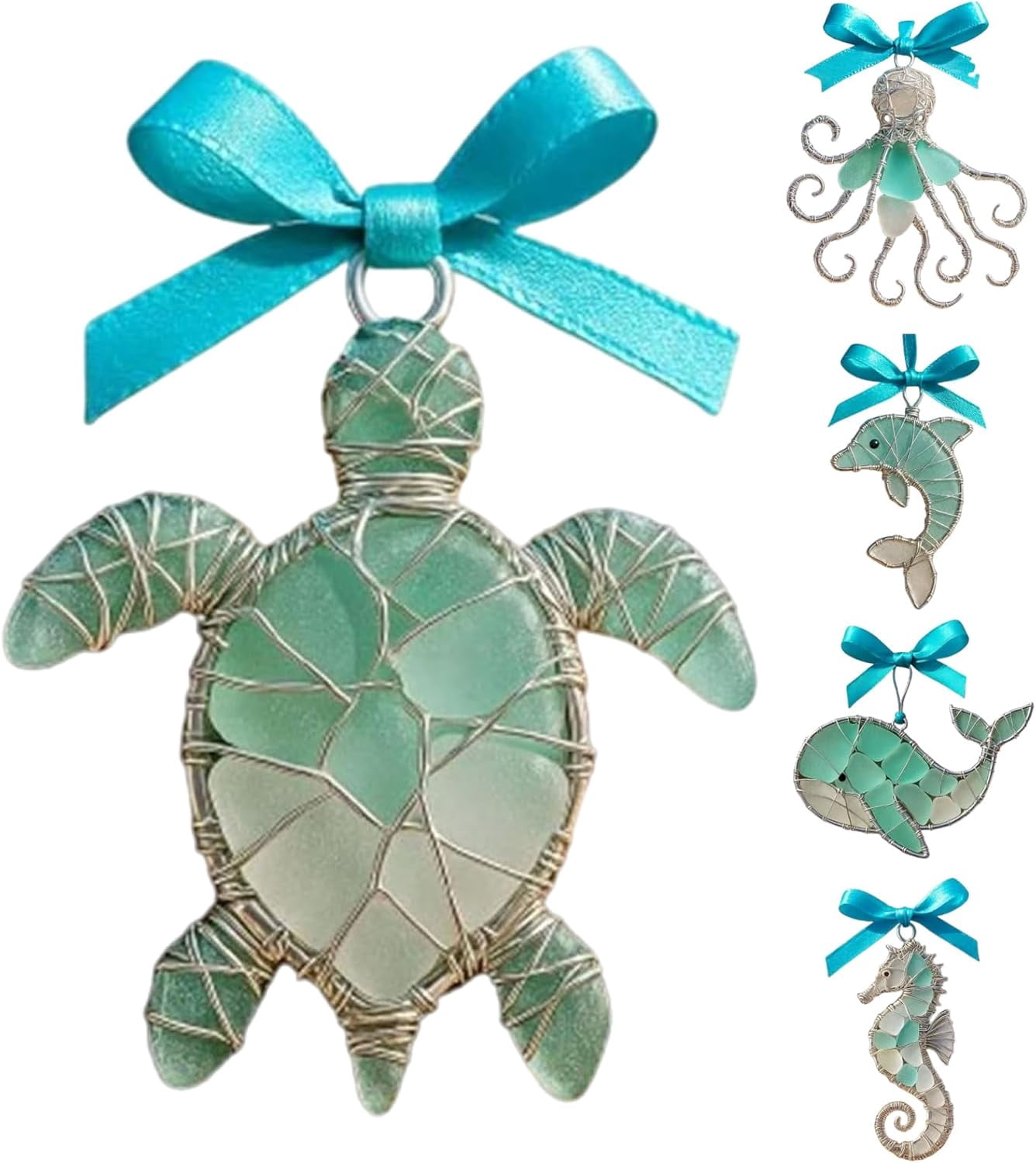 5 PCS Handmade Sea Glass Ocean Ornaments, 2D Coastal Funny Christmas ...