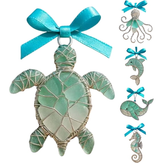 5 PCS Handmade Sea Glass Ocean Ornaments, 2D Coastal Funny Christmas ...