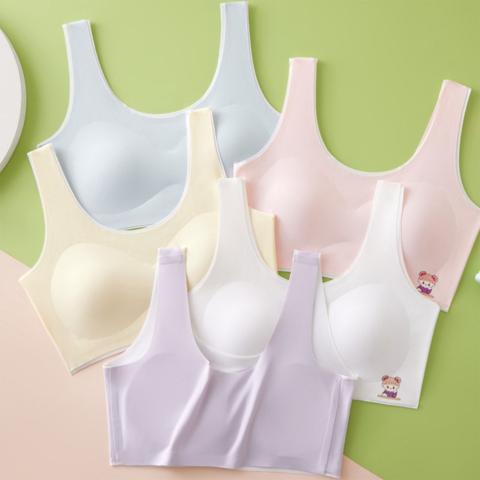 5 PCS Padded Bras for Girls Comfy Seamless Bra U Back Thin Printed Cute ...