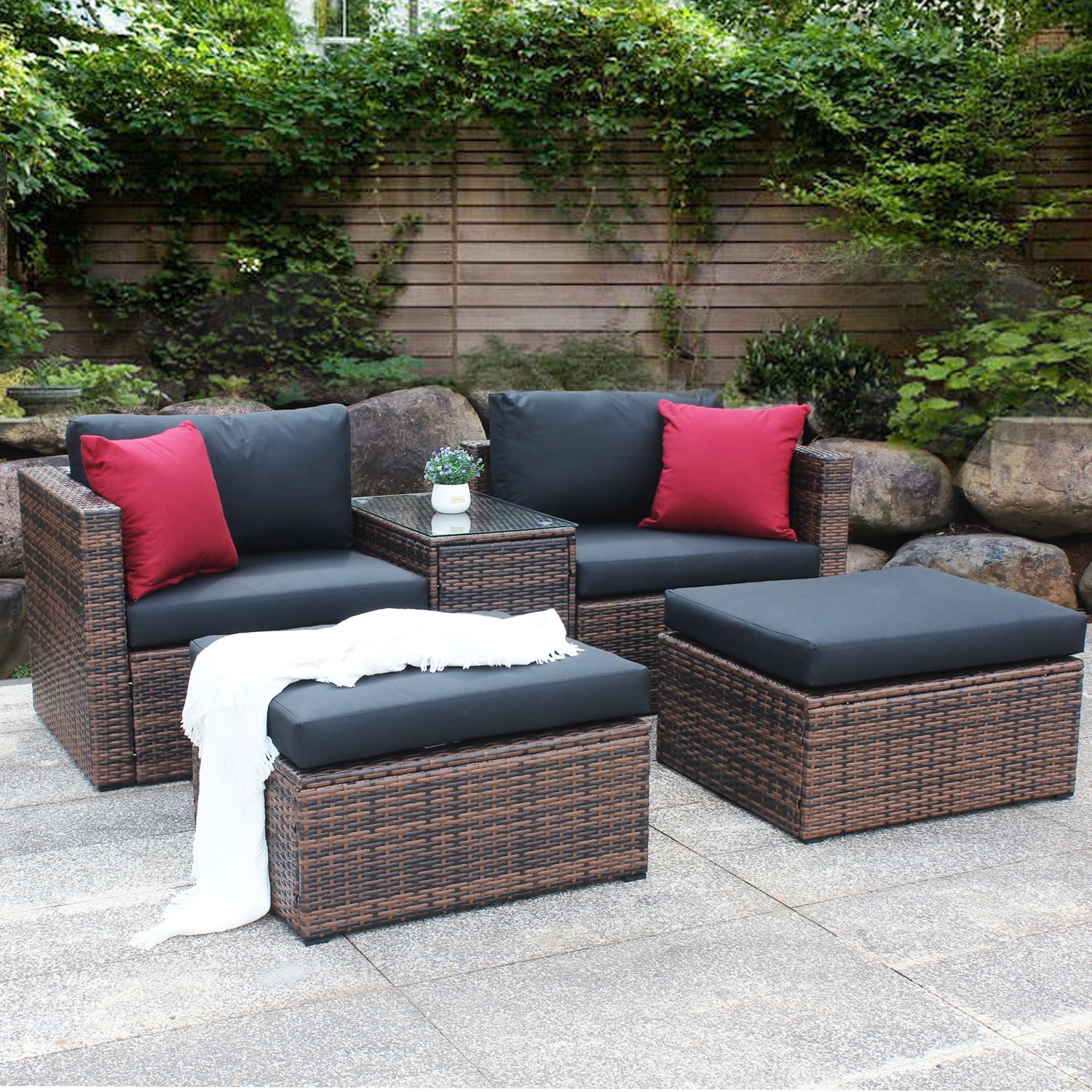 5 PCS Patio Wicker Sectional Sofa Set, Outdoor PE Rattan Conversation ...