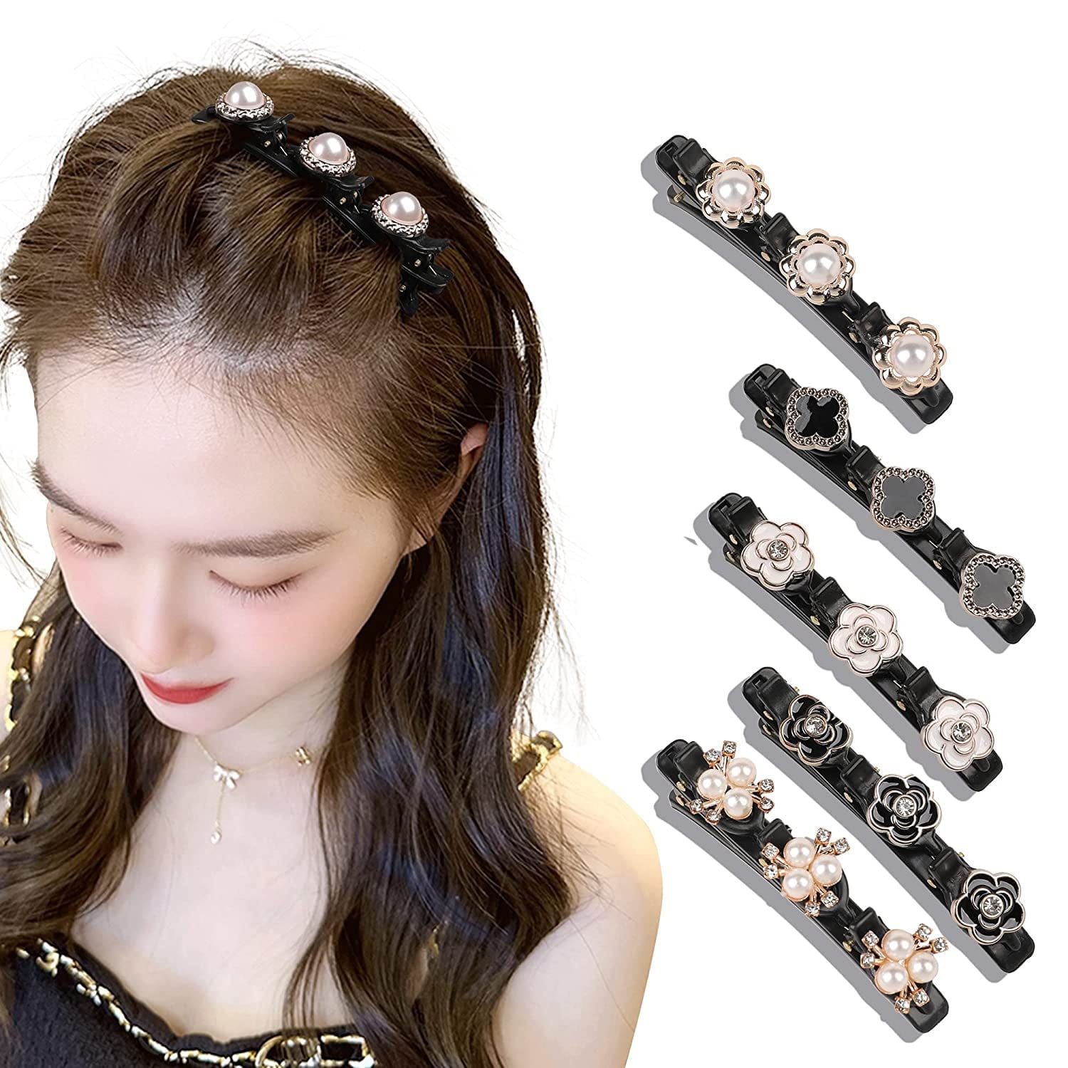5 PCS Sparkling Crystal Stone Braided Hair Clips, Satin Fabric Hair ...