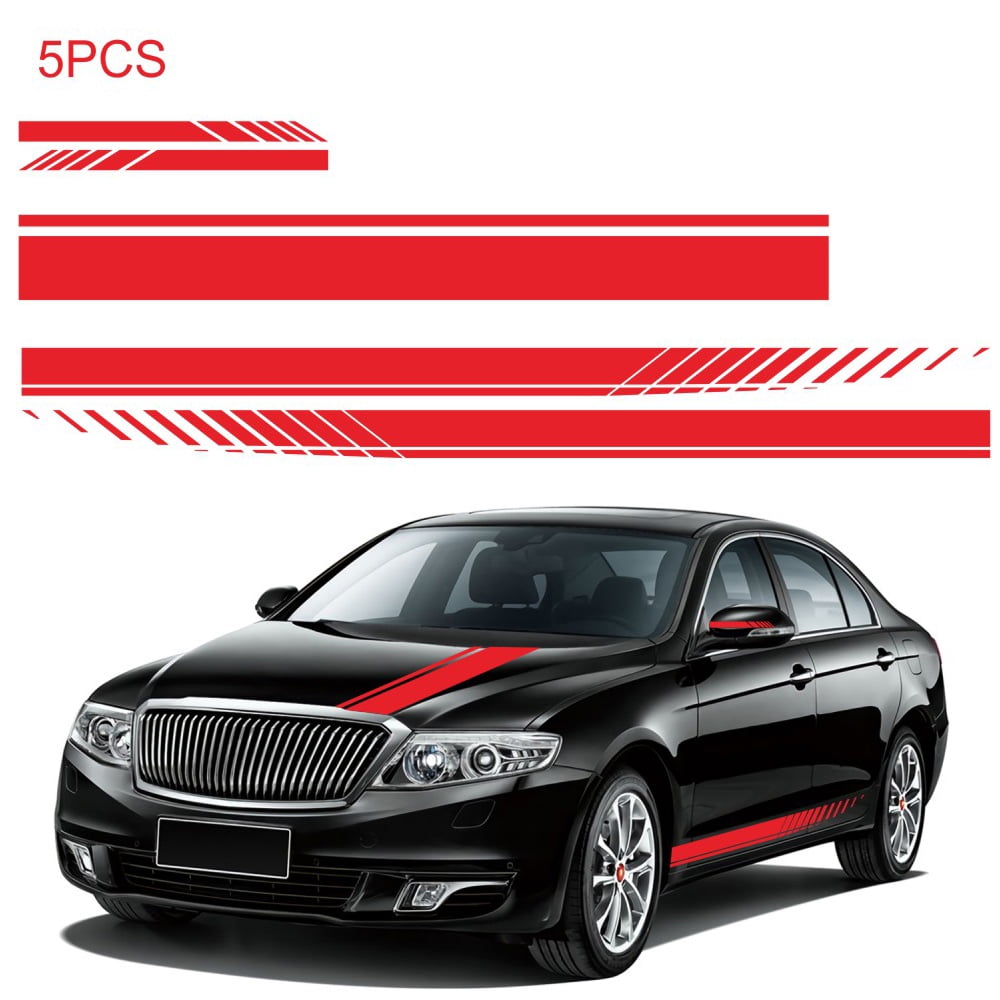 5 PCS Universal Red Car Racing Body Side Stripe Skirt Roof Hood Decal ...