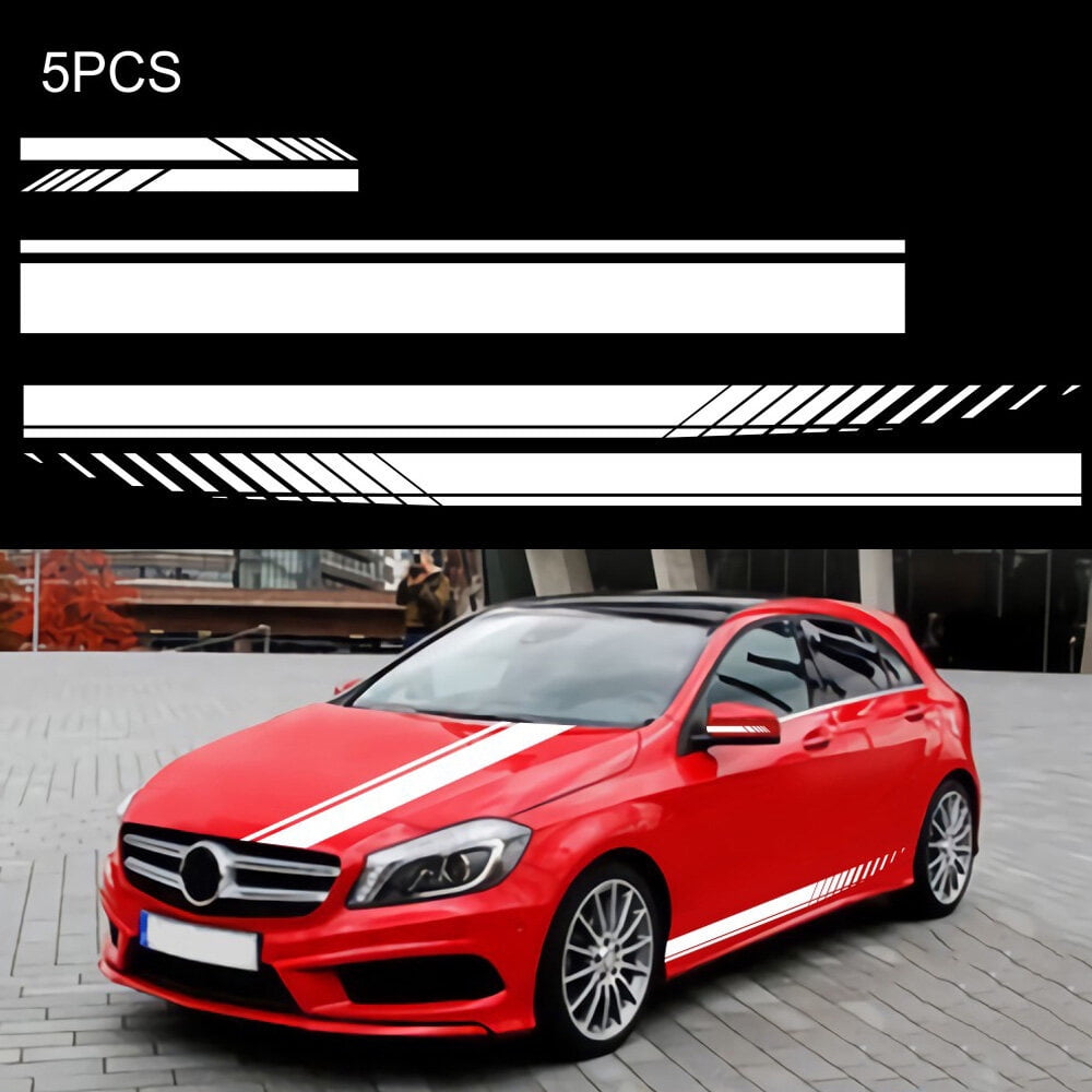 5 PCS Universal White Car Racing Body Side Stripe Skirt Roof Hood Decal ...