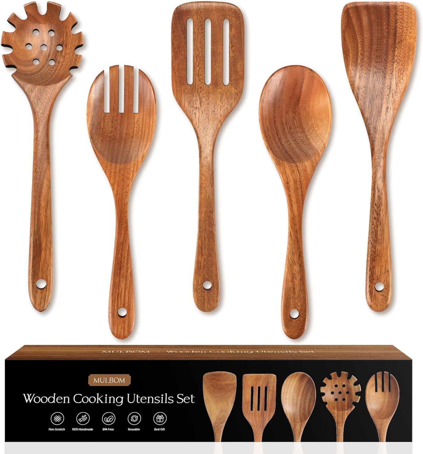 5 PCS Wooden Spoons for Cooking Natural Teak Kitchen Utensils Set ...
