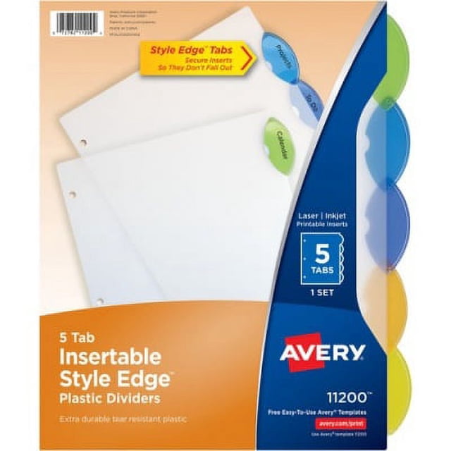 5 PK,Avery Plastic Binder Dividers, Insertable Multicolor Style Edge 5 ...