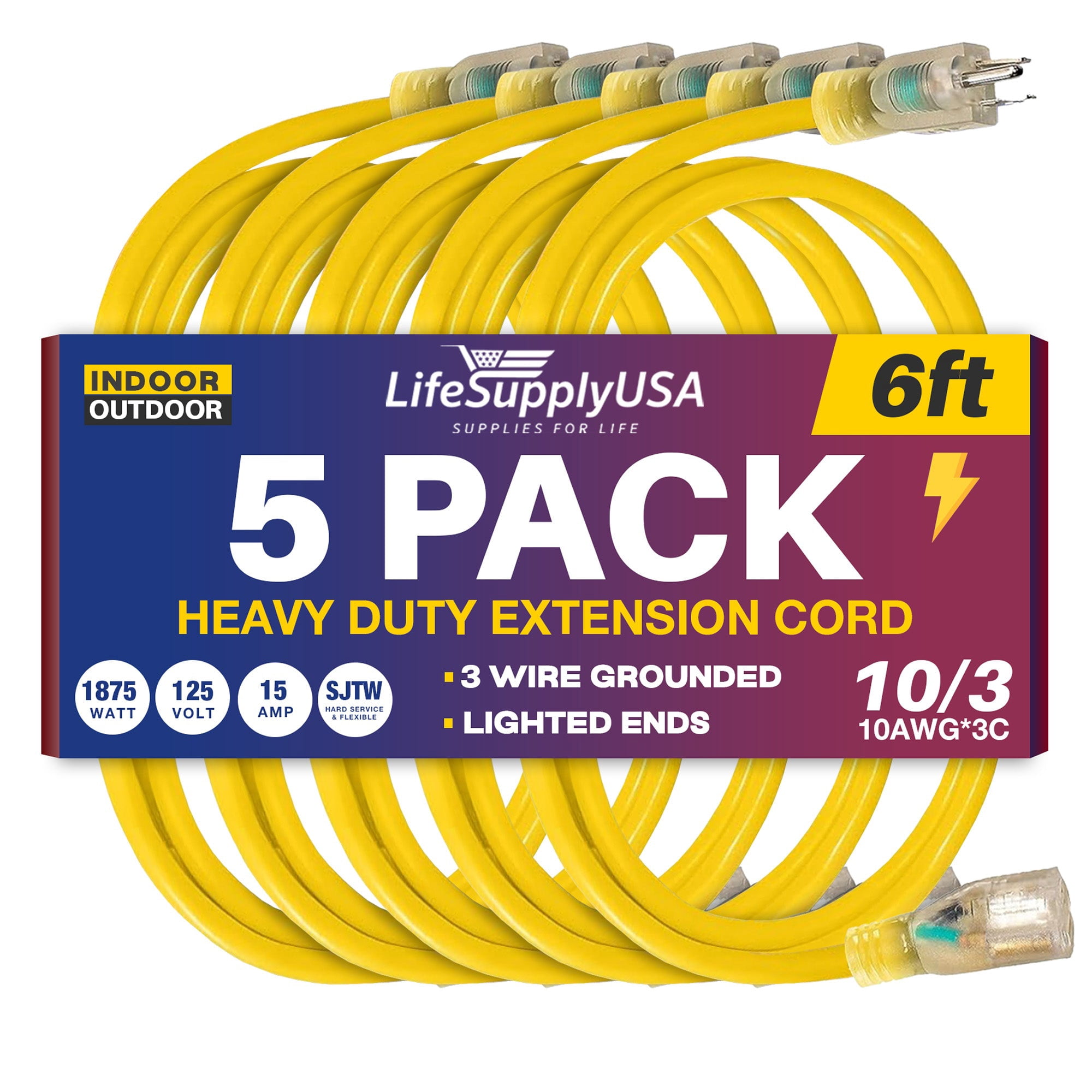 5 Pack 10/3 6ft SJTW Lighted End Extension Cord 15 Amp, 125 Volt, 1875 ...