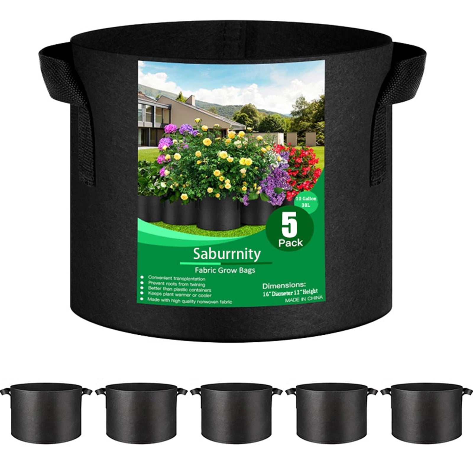 5-Pack 10 Gallon Grow Bags, Aeration Fabric Pots with Handles, Heavy ...