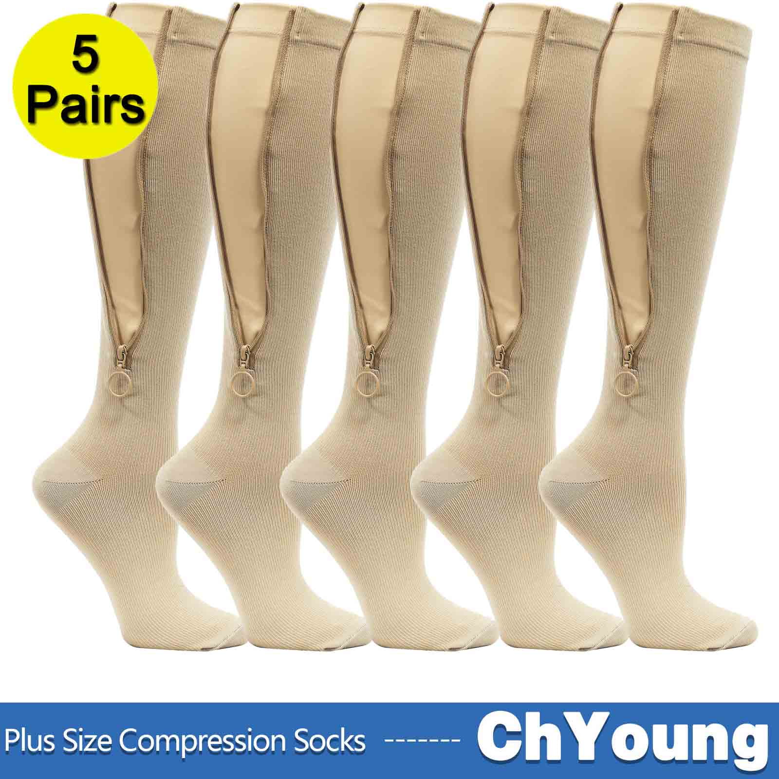 (5 Pack) 12# 4XL Zipper Compression Socks - 15-20 mmHg Open Toe Medical ...