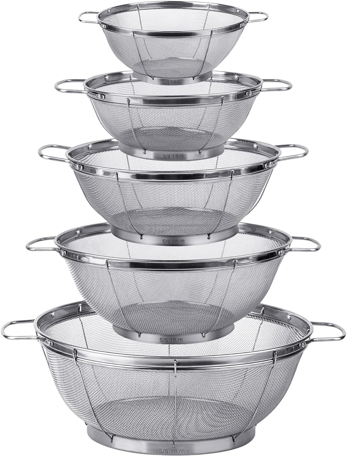 5 Pack 18/8 Stainless Steel Colander Sieves, Multi Size Mesh Strainer ...