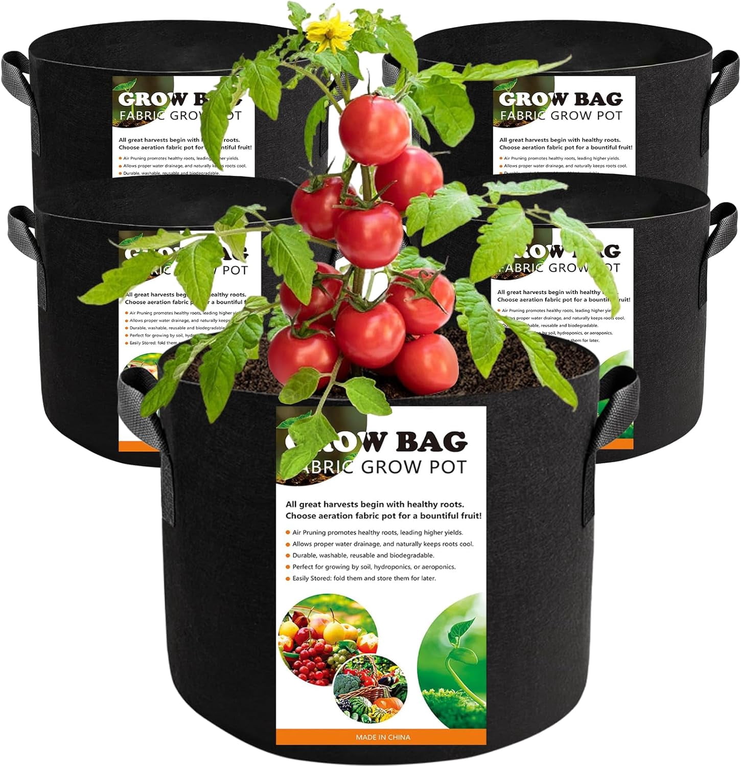 5 Pack 3 Gallon Heavy Duty Nonwoven Fabric Grow Bags with Handles ...