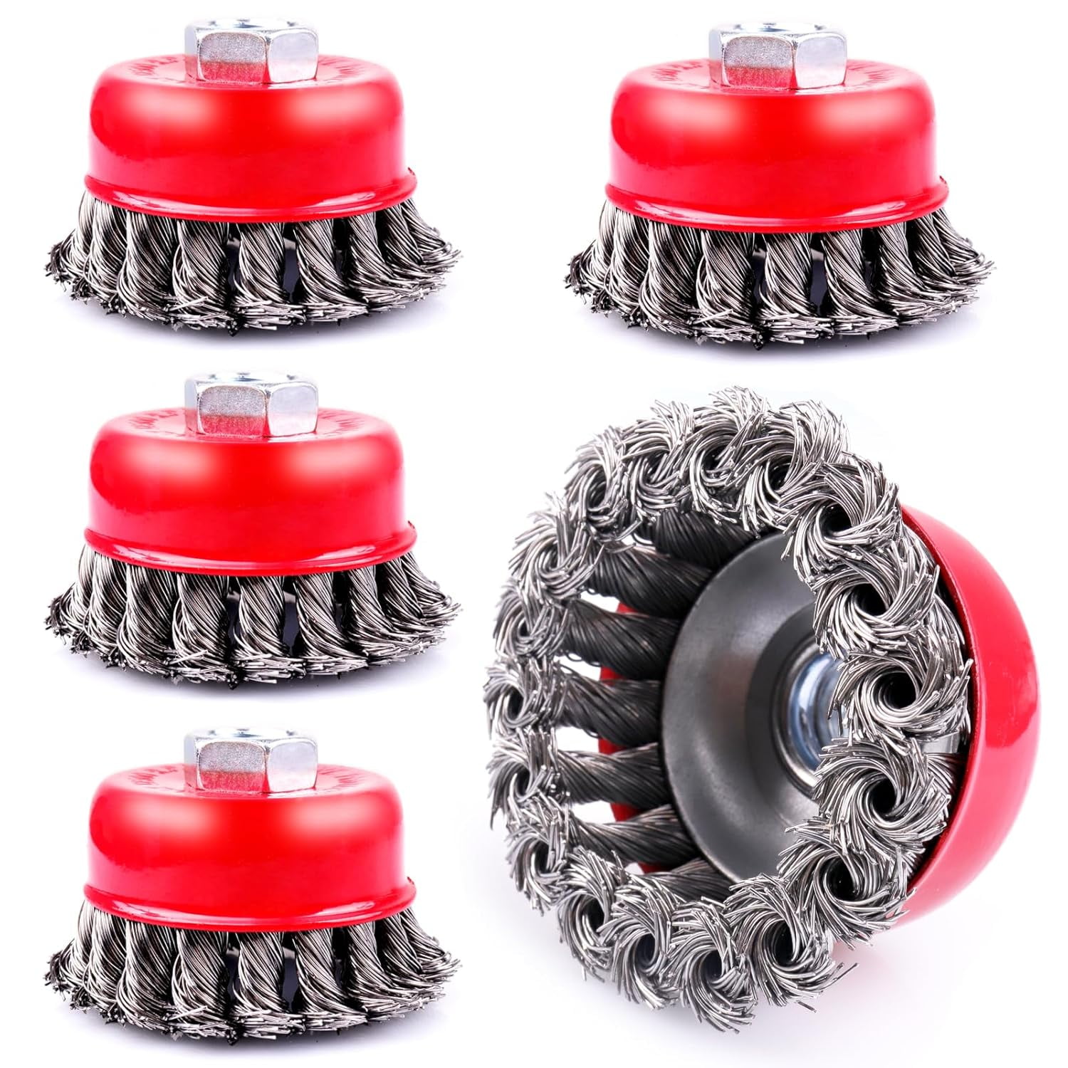 5 Pack 3 Inch Knotted Wire Cup Brush for 4 1/2 Angle Grinder, 5/8 Inch-11 Threaded Arbor, 0.02 ...