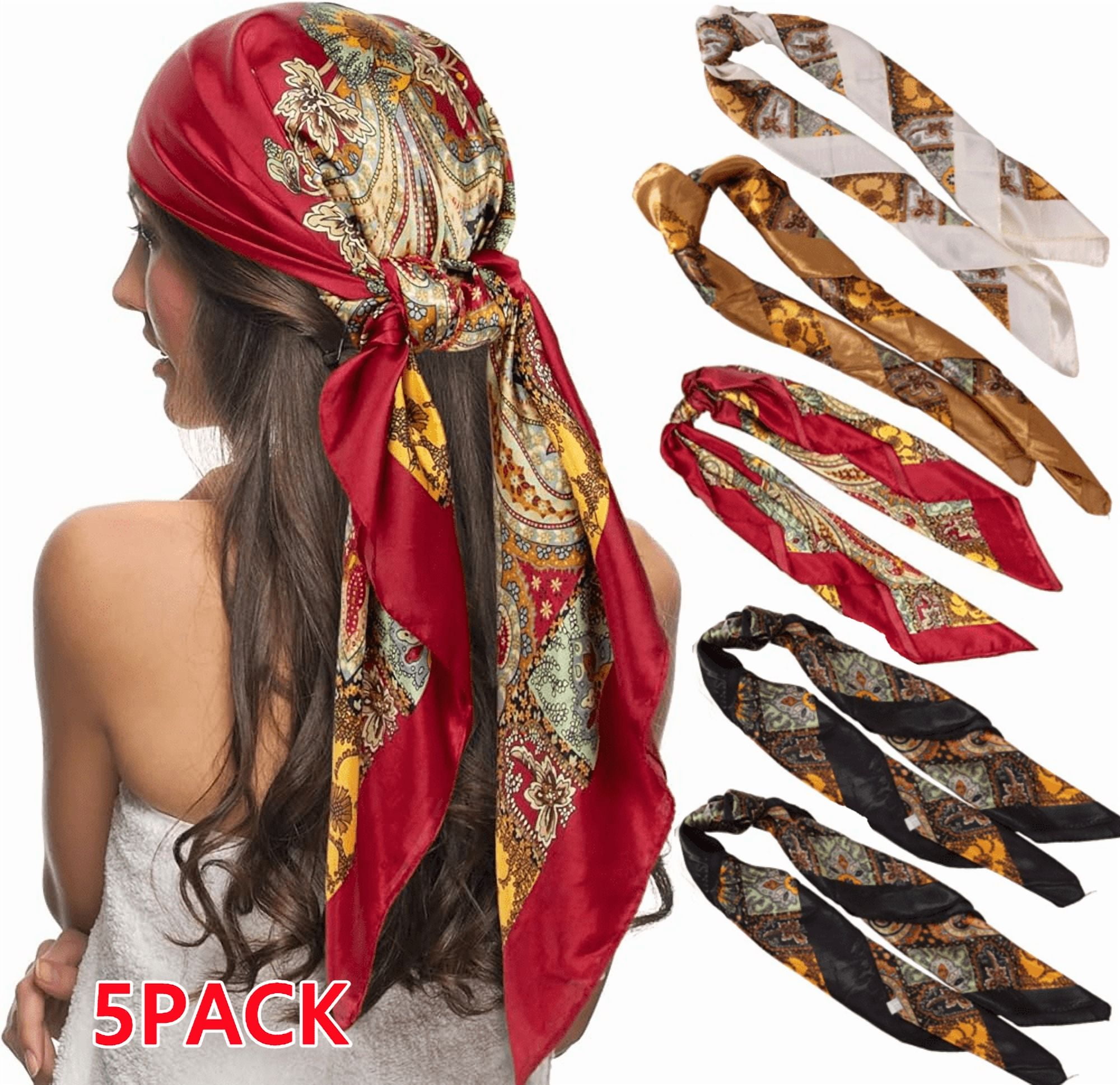 5 Pack 35” Silk Like Satin Large Square Head Neck Scarves Hair Kerchief ...