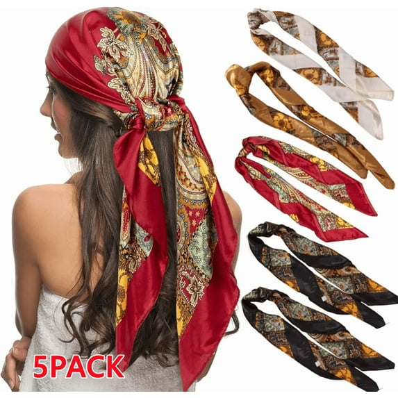 5 Pack 35” Silk Like Satin Large Square Head Neck Scarves Hair Kerchief ...