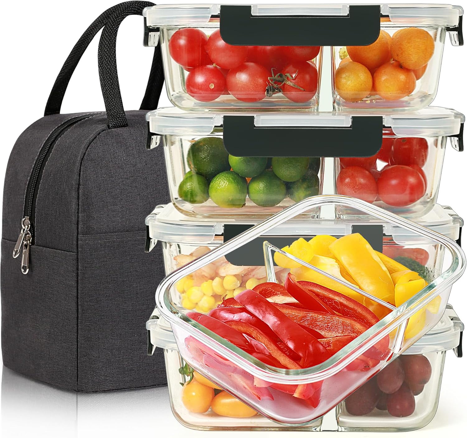 [5-Pack, 36 Oz] Glass Meal Prep Containers with 2 Compartments for ...