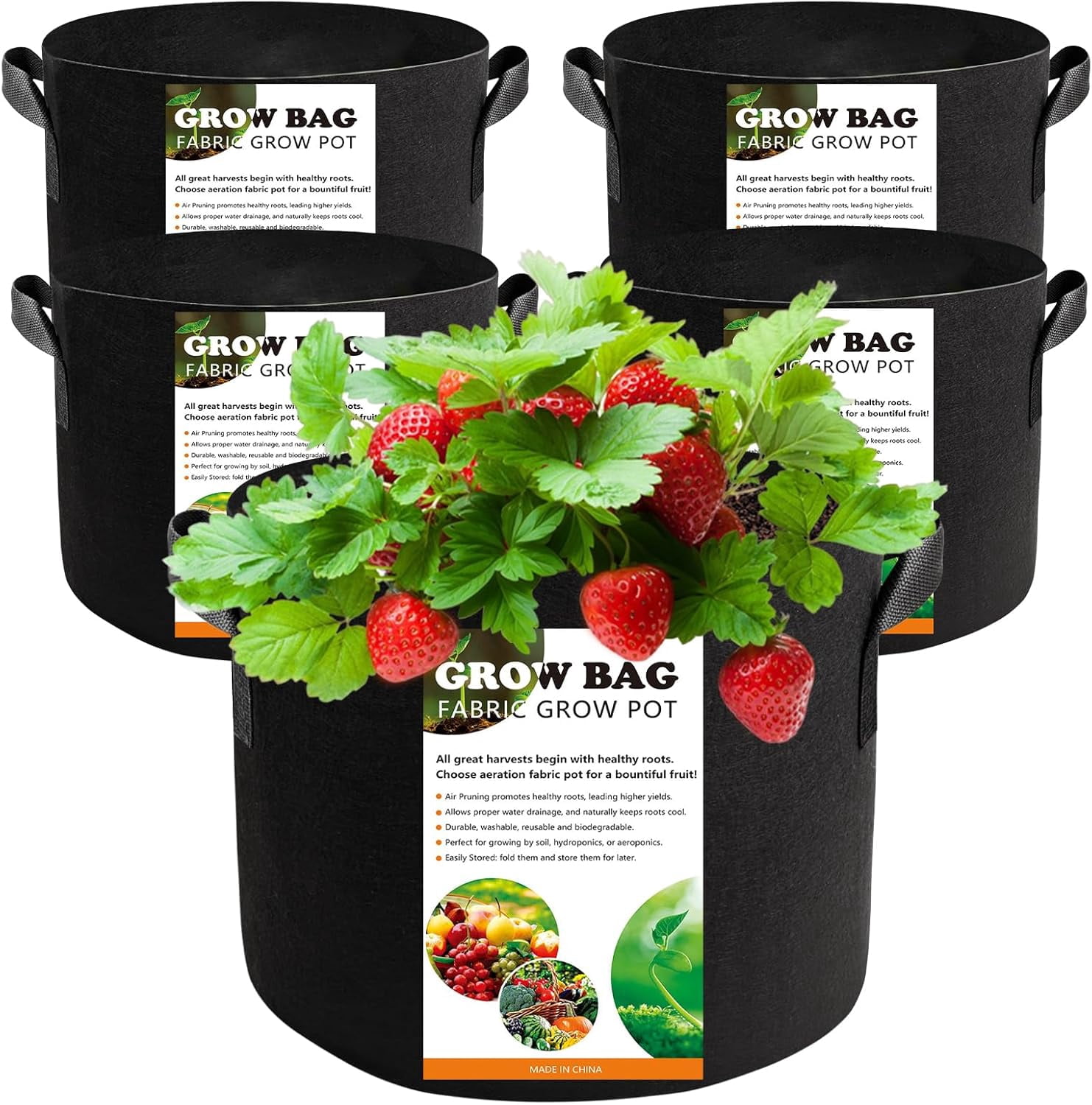 5 Pack 5 Gallon Grow Bags, Thickened Aeration Nonwoven Fabric Plant ...