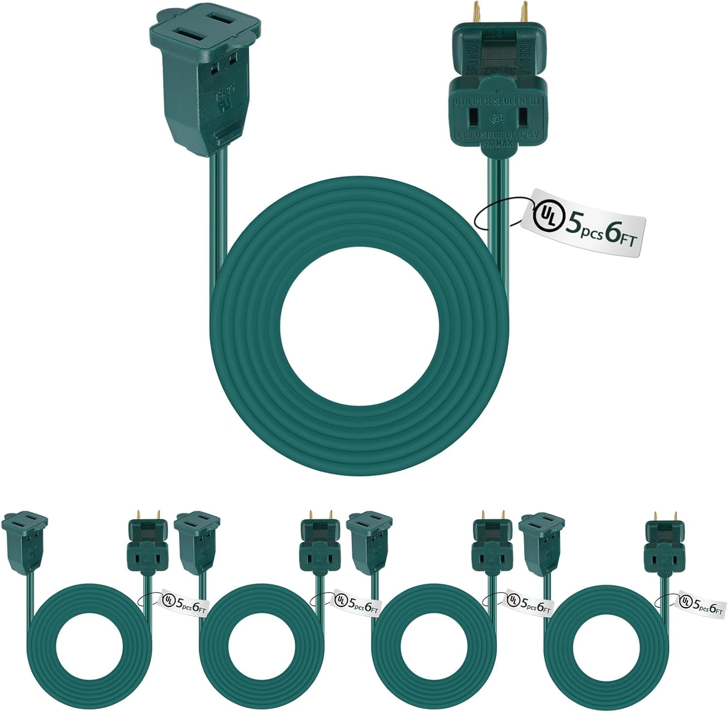 5 Pack 6 ft Green Indoor Extension Cord 2 Prong Electric Cord Extender ...
