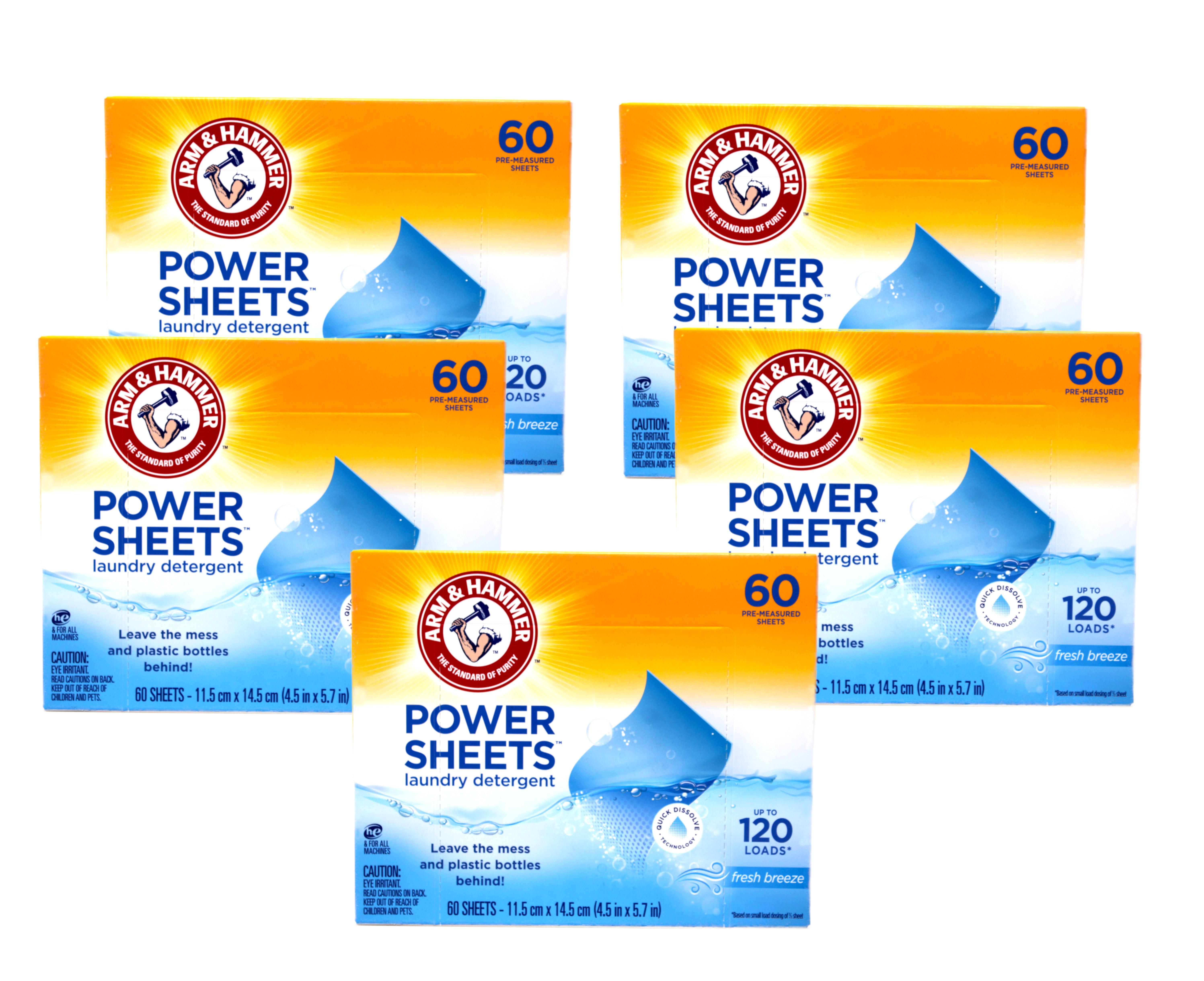 5 Pack - ARM & HAMMER Power Sheets Laundry Detergent, Fresh Breeze 60 ...