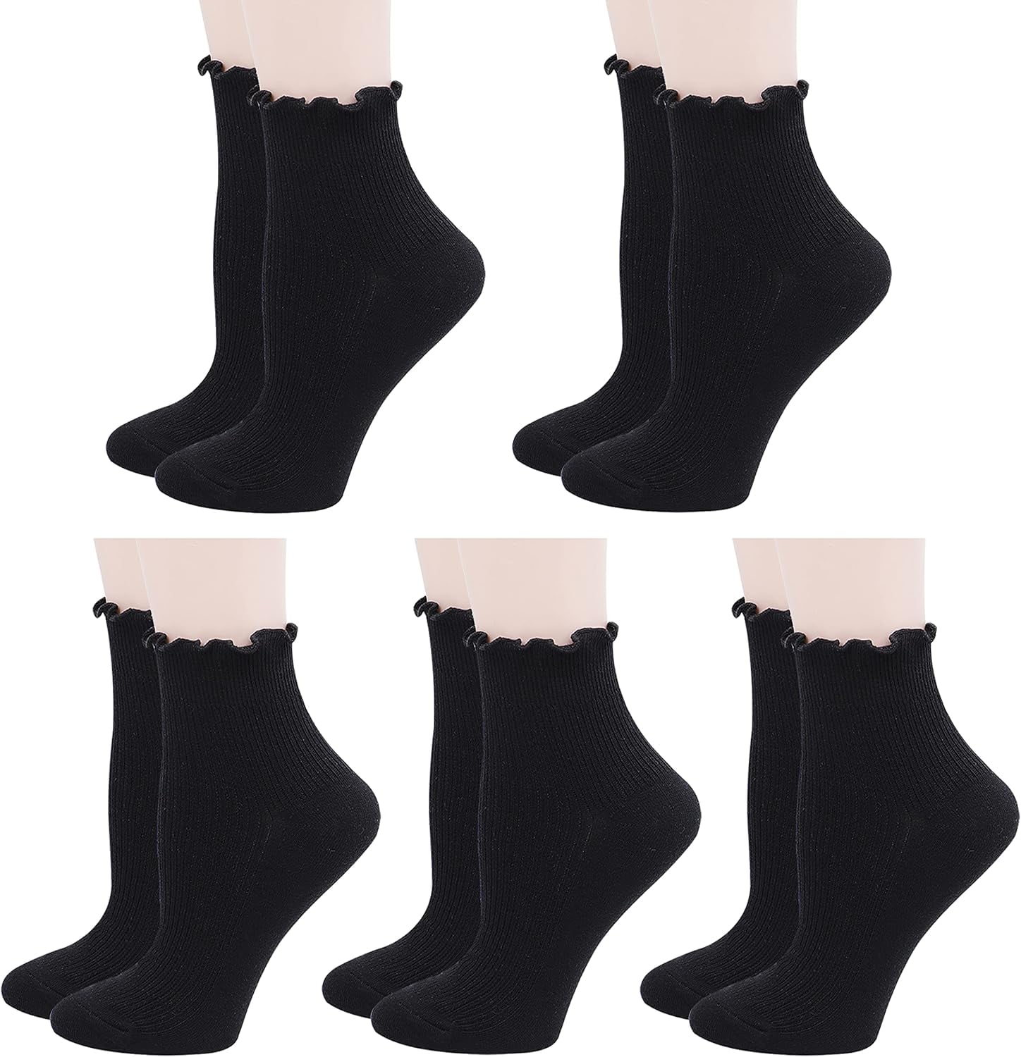 5 Pack Ankle Socks for Women, Ruffle Cuff Cotton Crew Socks, Frilly ...
