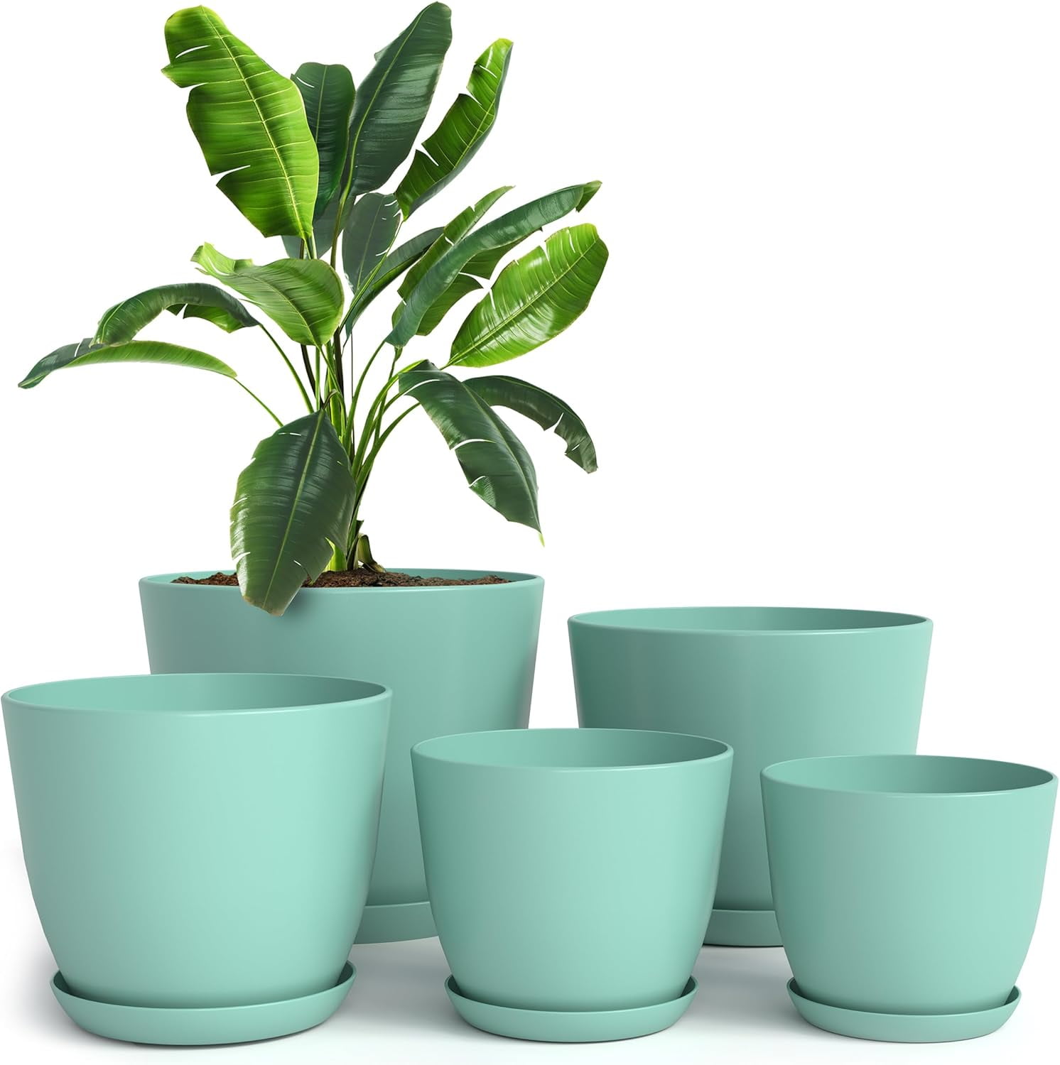 5-Pack Aqua Plastic Plant Pots - 4.8" to 7" Indoor Planters with ...
