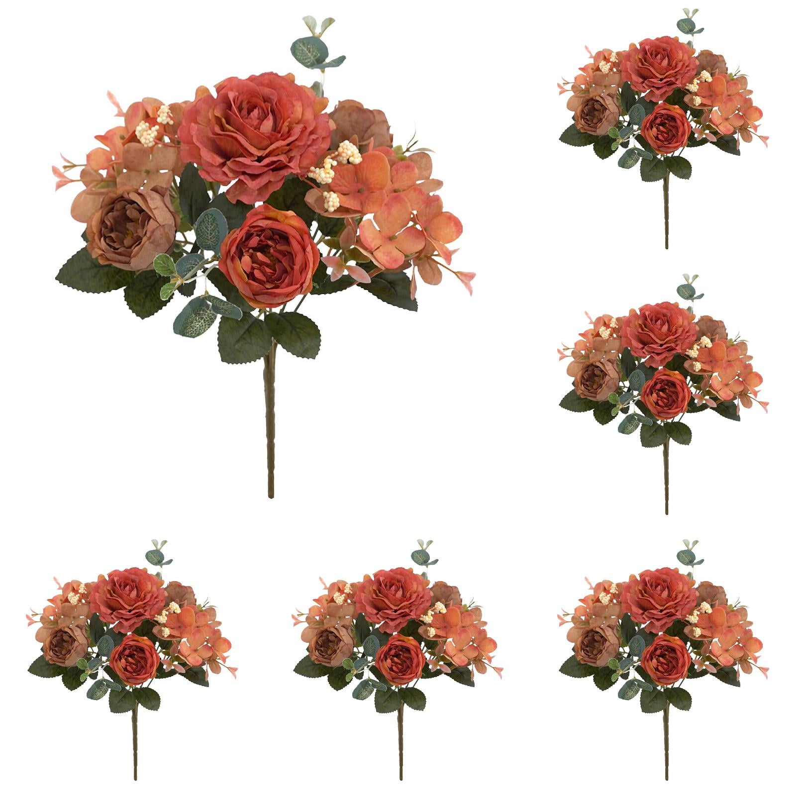 5 Pack Artificial Orange Flowers, Peony Silk Hydrangea Bouquet for ...