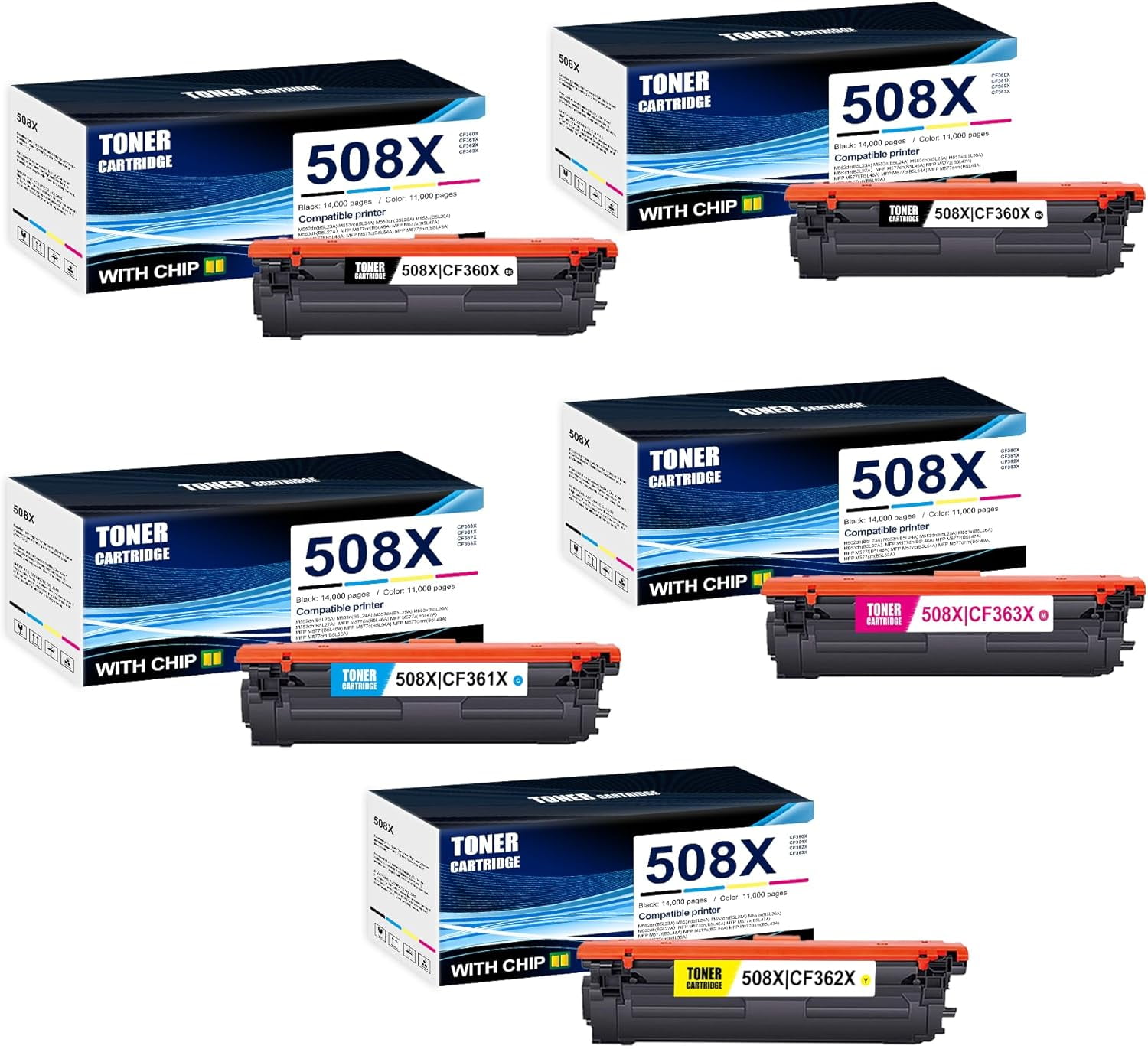 5-Pack BK/C/M/Y 508X CF360X CF361X CF362X CF363X Toner Cartridge ...