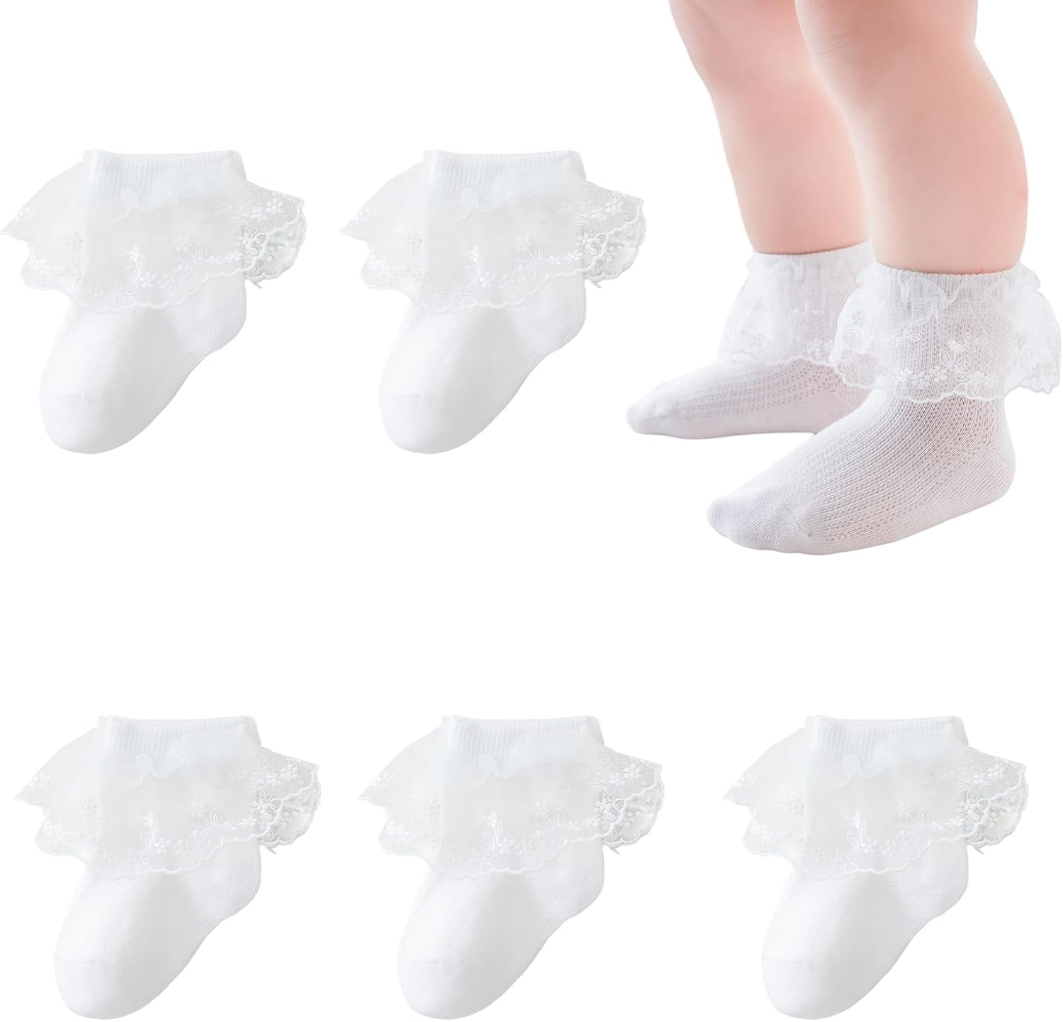 5 Pack Baby Girs Lace Socks Toddler Ruffle Eyelet Princess Dress Frilly ...
