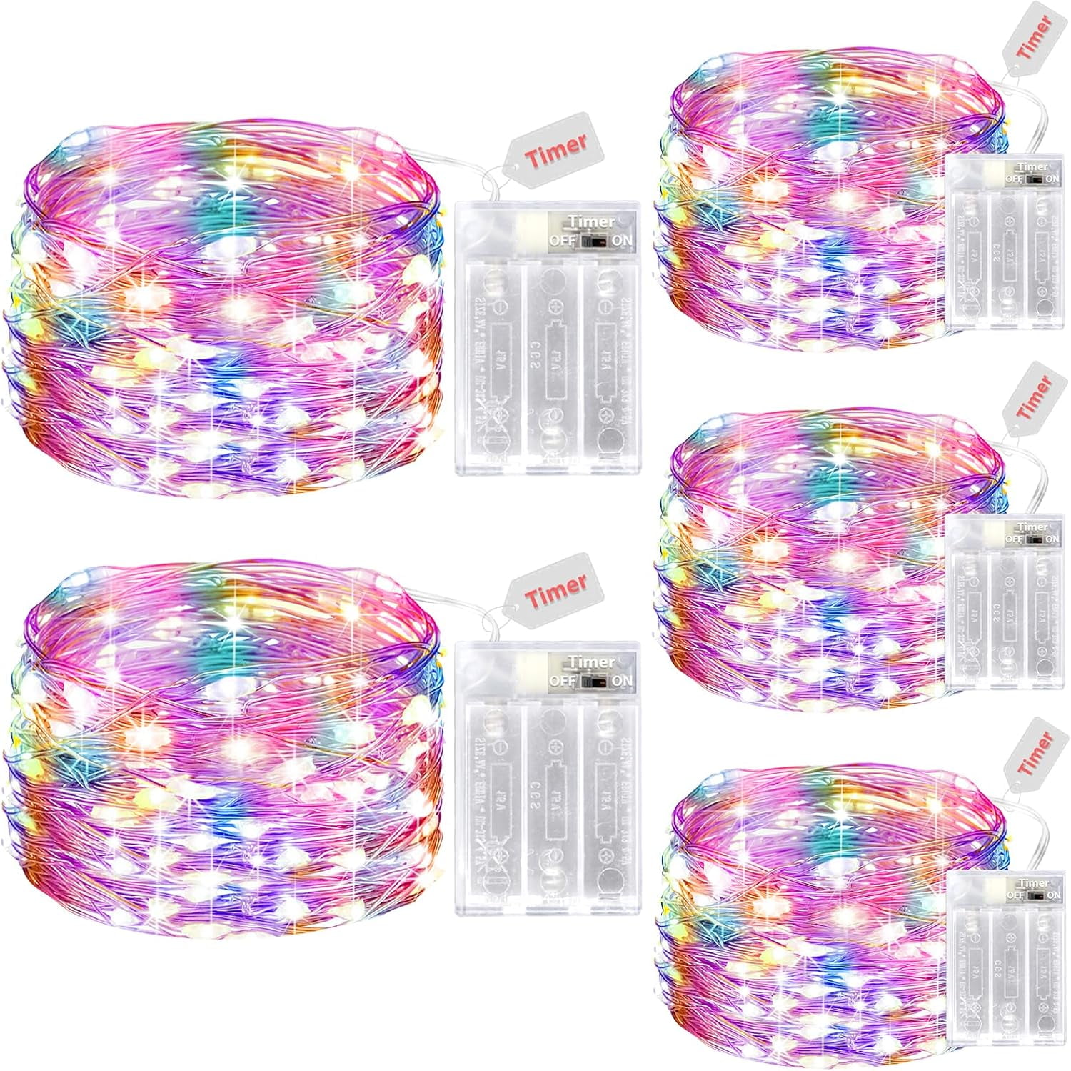 5 Pack Battery Operated Fairy Lights with Timer 16ft 50LED, Waterproof ...