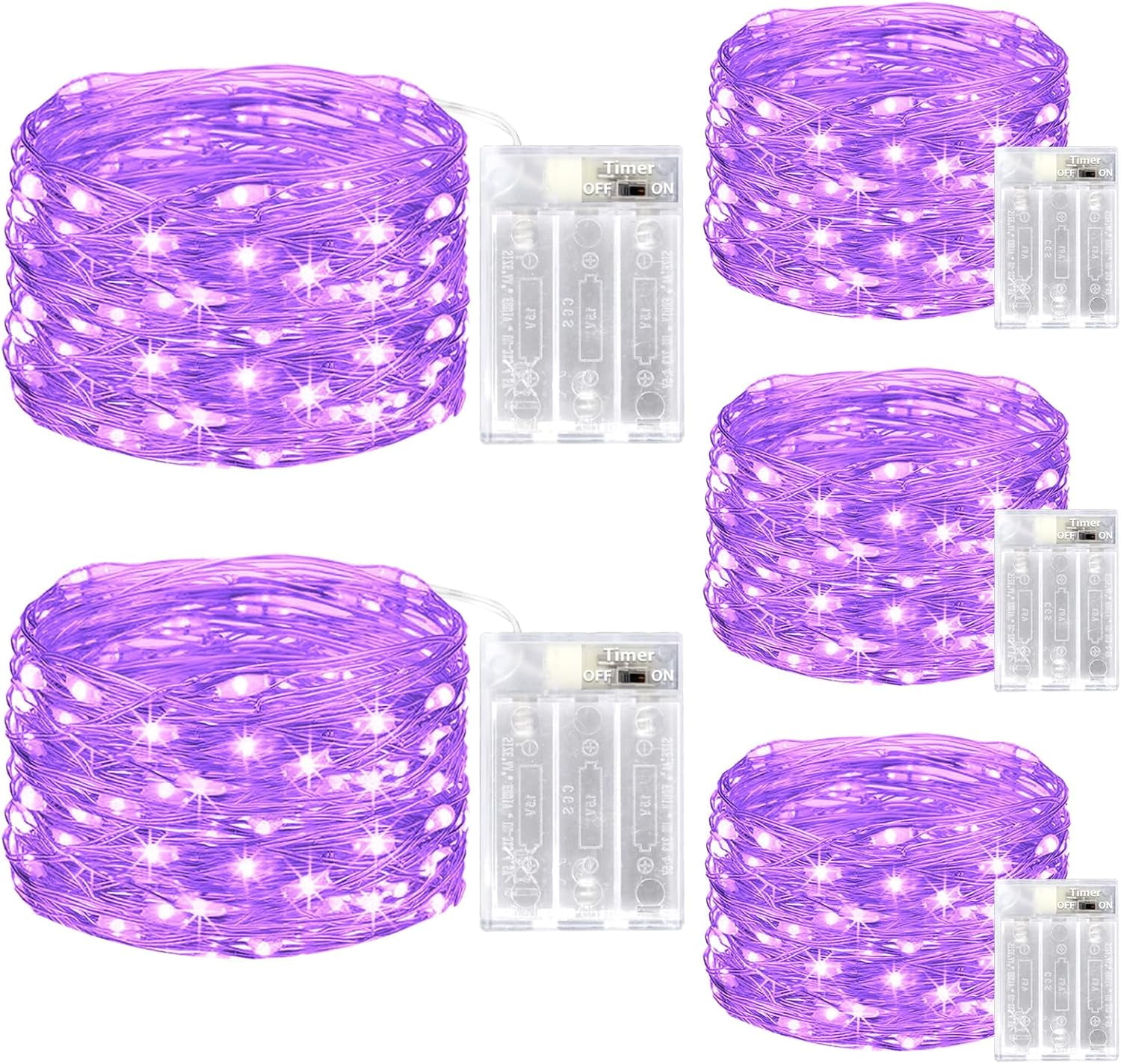 5 Pack Battery Operated Fairy Lights with Timer 16ft 50LED, Waterproof ...