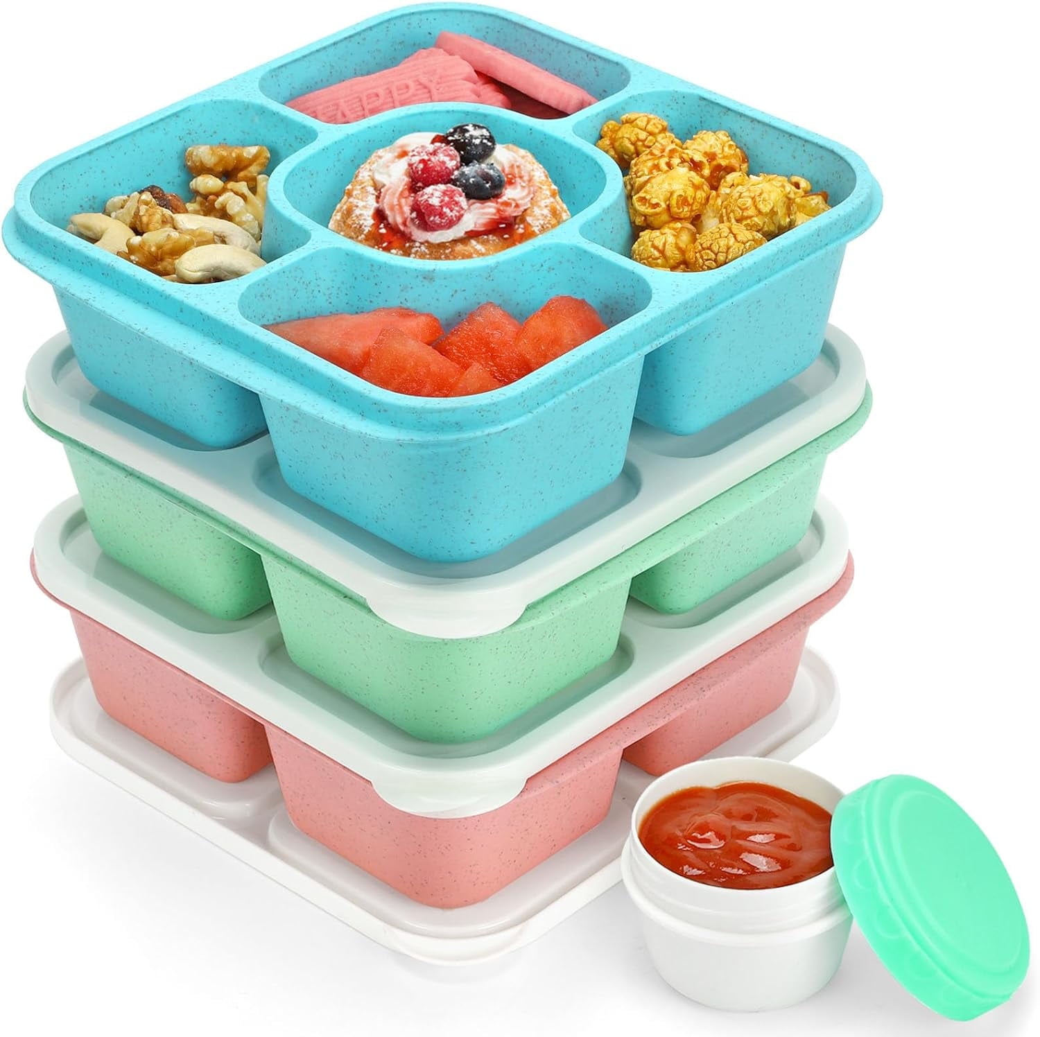 5 Pack Bento Snack Boxes with 5 Compartments & 4 Leakproof Sauce Containers - Reusable Lunchable ...