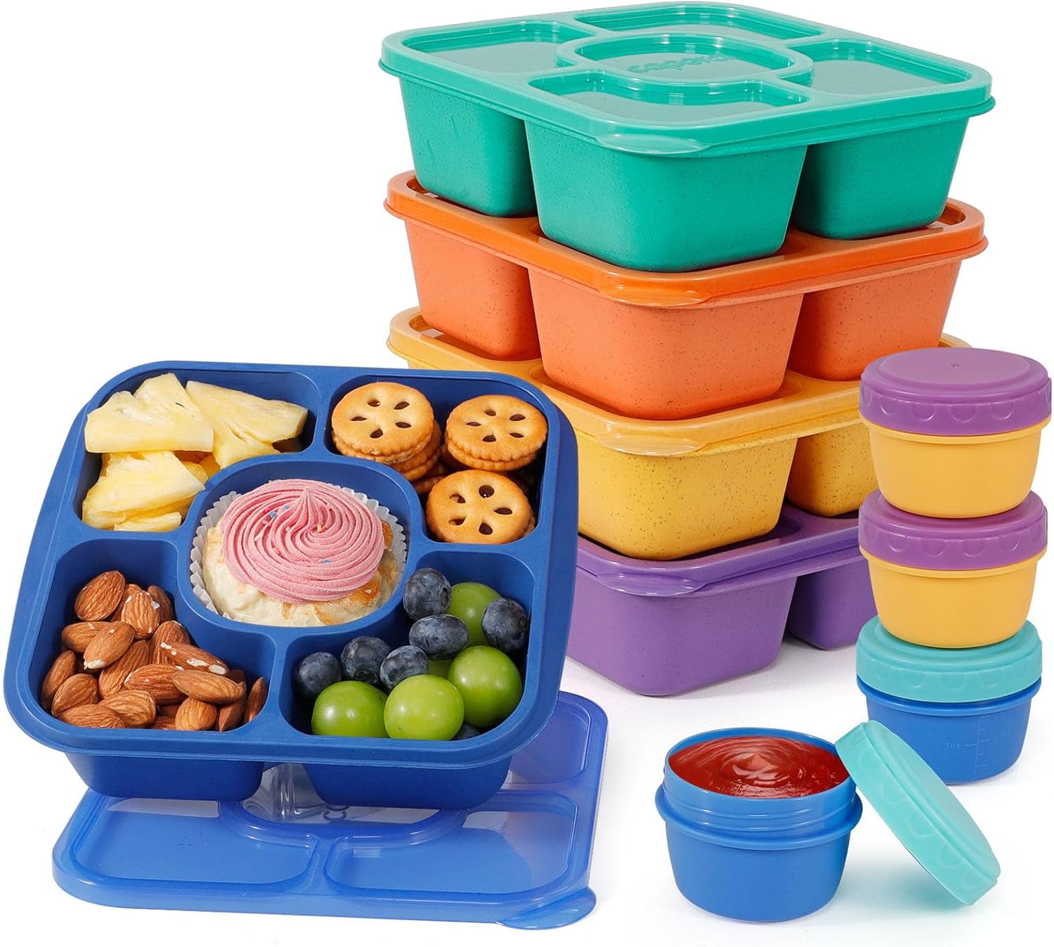 5 Pack Bento Snack Boxes with 5 Compartments & 4 Leakproof Sauce Containers - Reusable Lunchable ...