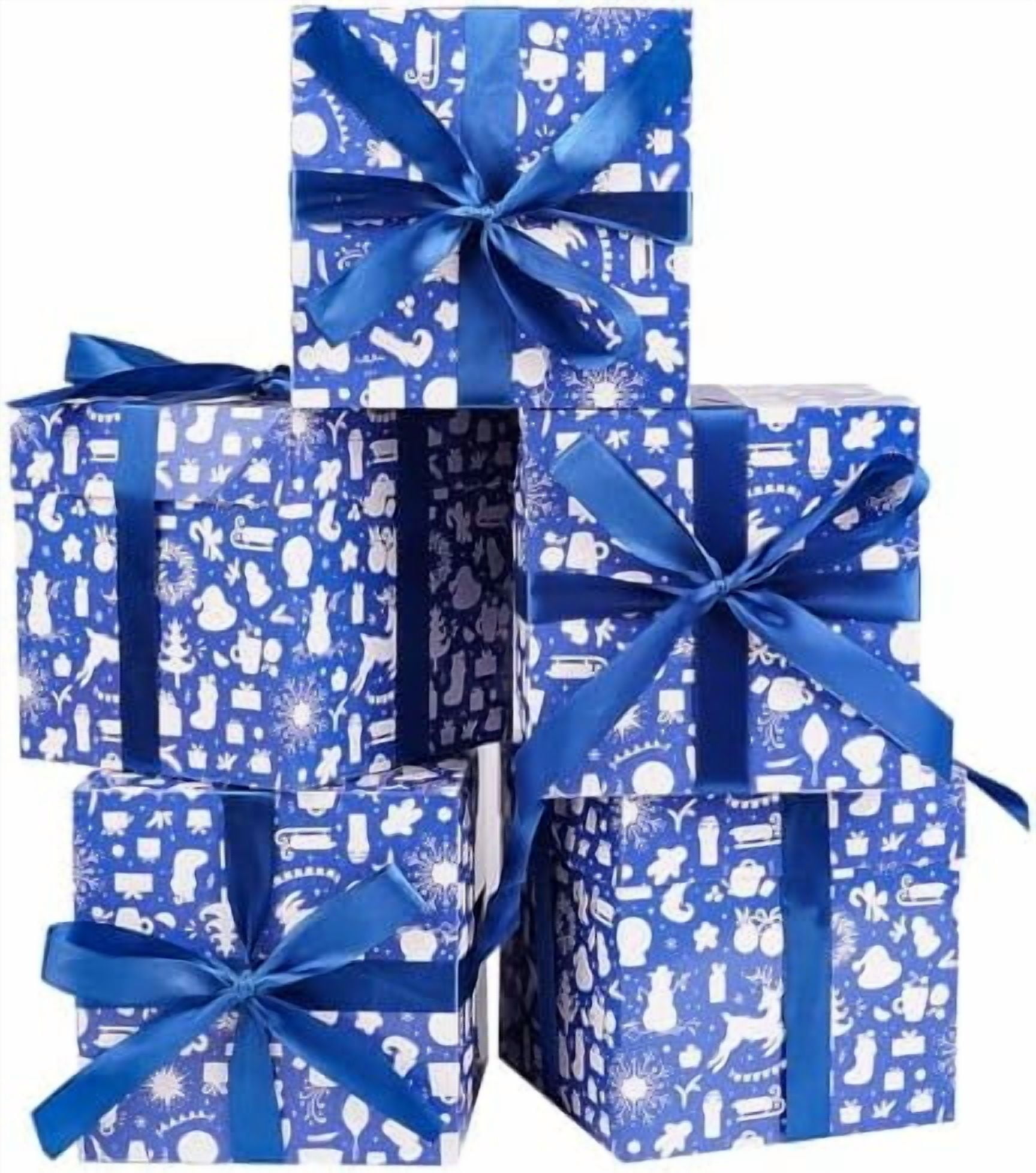 5 Pack Blue Christmas Gift Boxes with Lids, Ribbons and Tissue Papers ...