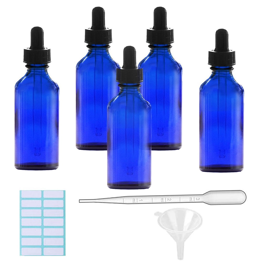 5 Pack Blue Glass Dropper Bottle with 1 Funnels & 1 Dropper & 14pcs ...