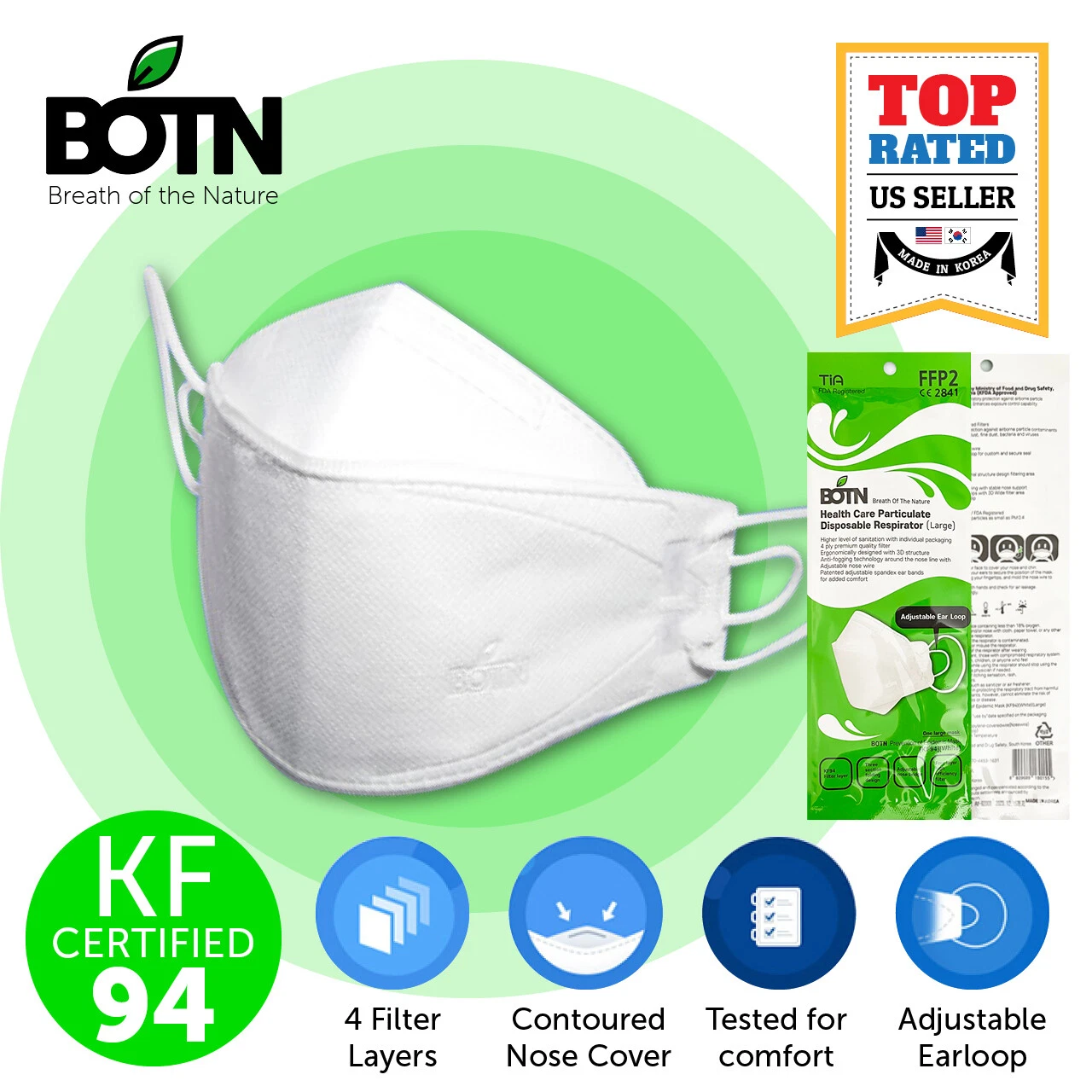5 Pack Botn Kf94 White Protective Face Mask Adult Made In Korea Kfda ...