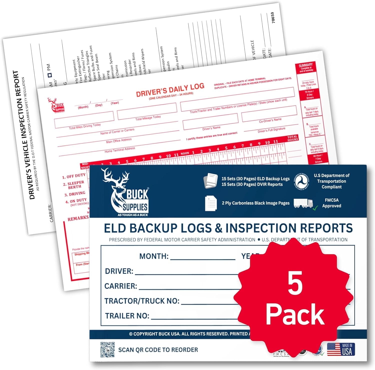 5 Pack Buck ELD Backup Driver Log Book with Detailed Driver Vehicle ...