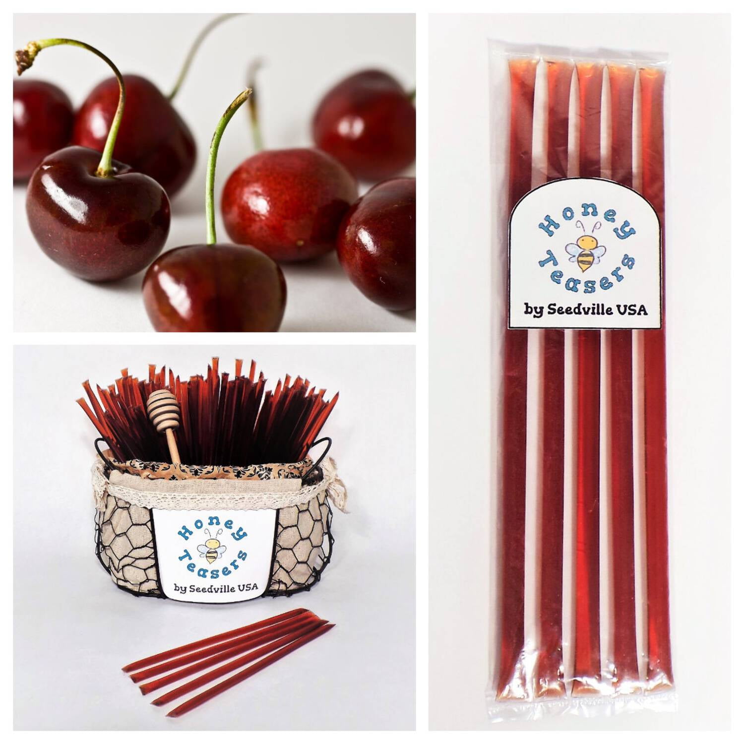 5 Pack CHERRY HONEY TEASERS Natural Honey Snack Sticks Honeystix Straws ...